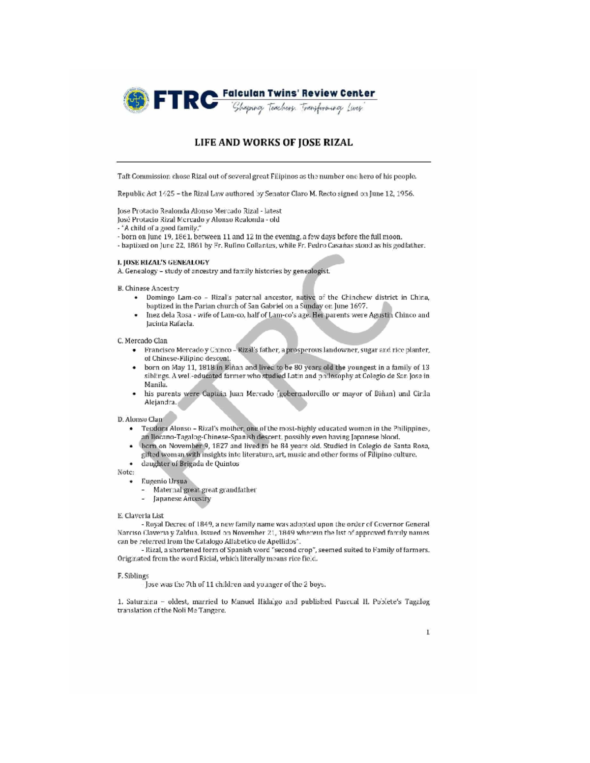 LIFE AND WORKS OF JOSE RIZAL: Comprehensive Review Notes FTRC - Studocu