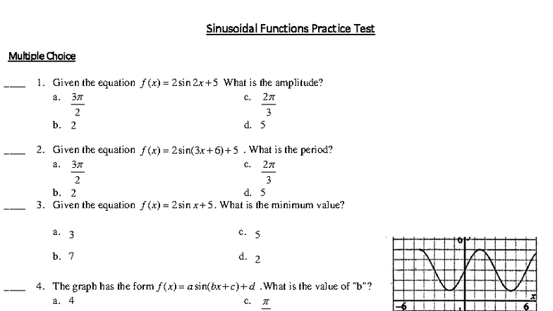 Sinusoidal Functions Practice Unit Test (MATH 101) - Studocu