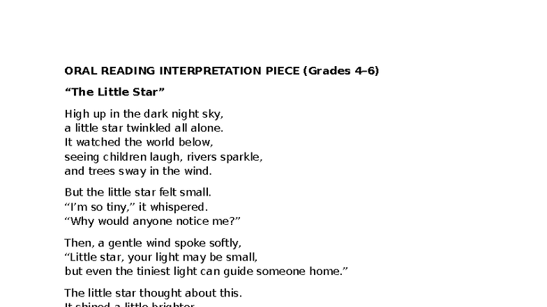 ORAL READING INTERPRETATION PIECE (Grades 4–6) - Studocu