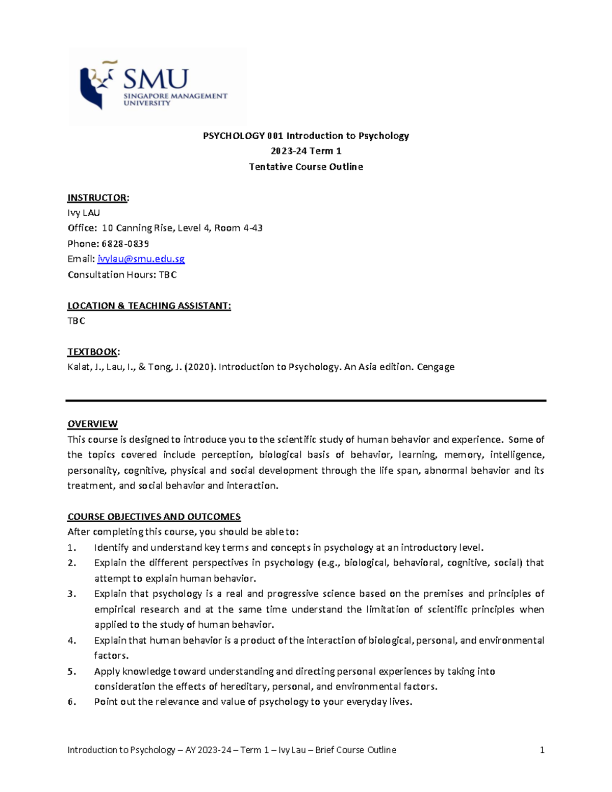 PSYCHO 001 - Intro to Psychology 2023-24 Term 1 Course Outline - Studocu