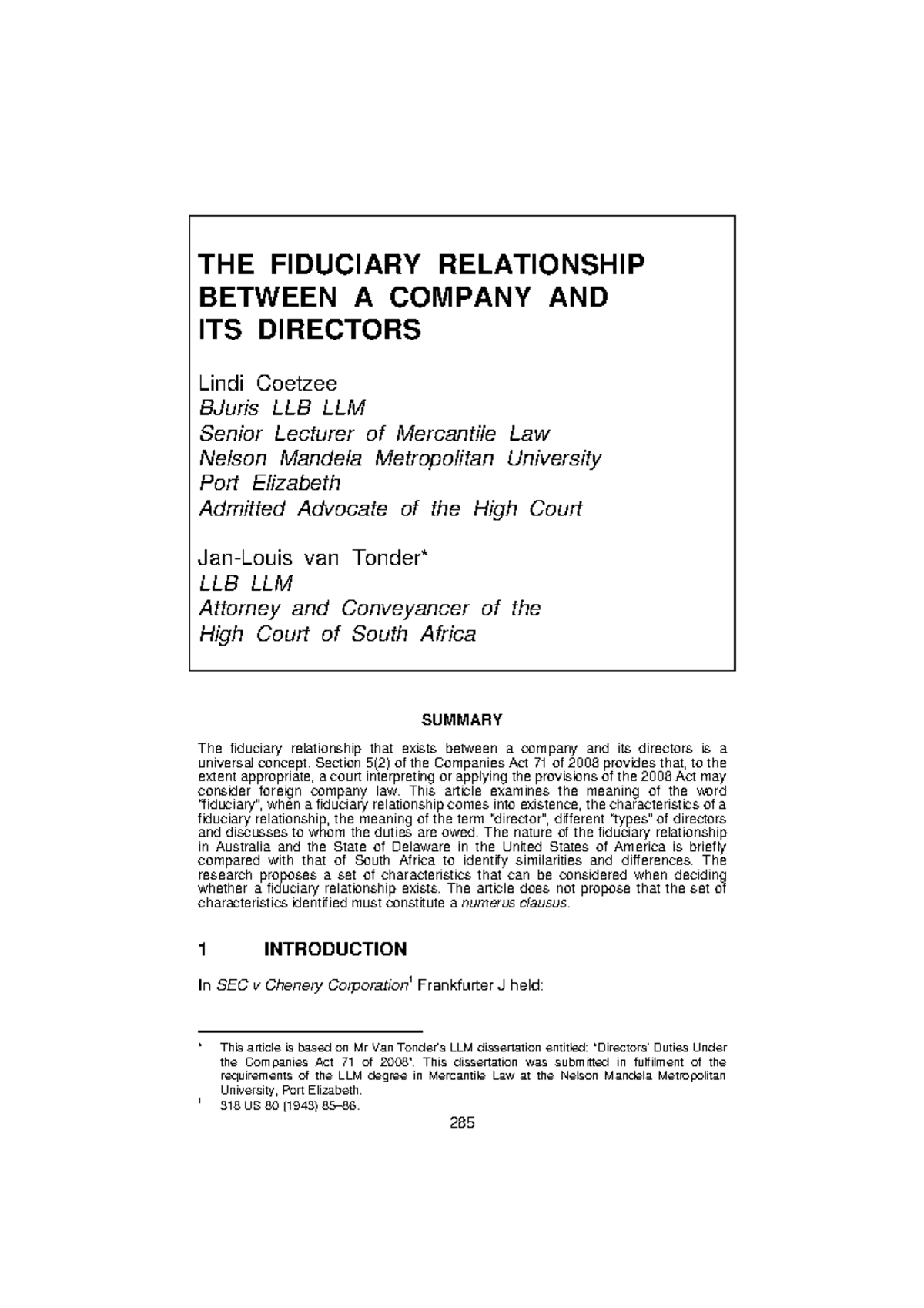Fiduciary Relationship Between Company & Directors (LML 2014) - Studocu