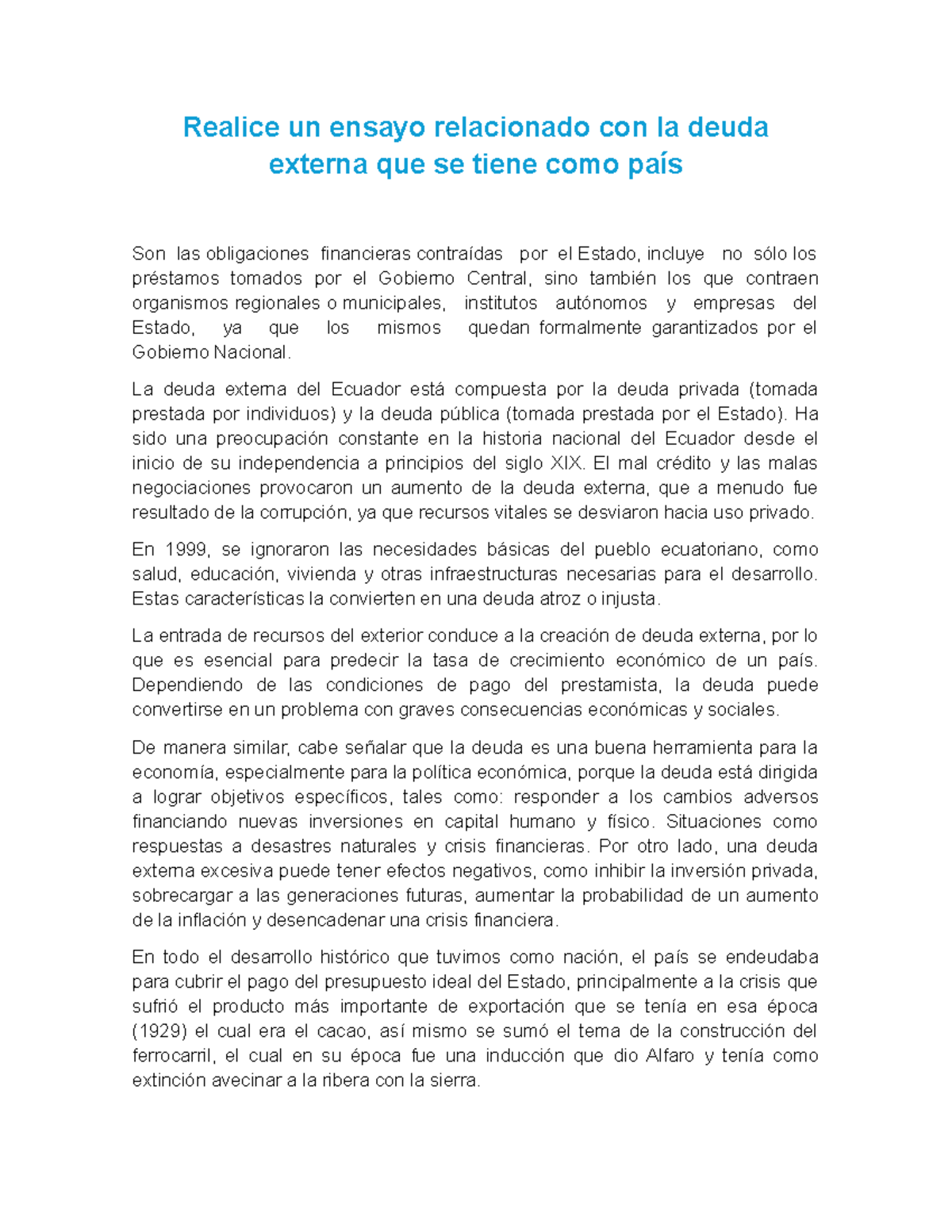 Ensayo sobre la Deuda Externa en Ecuador - Foro - Studocu