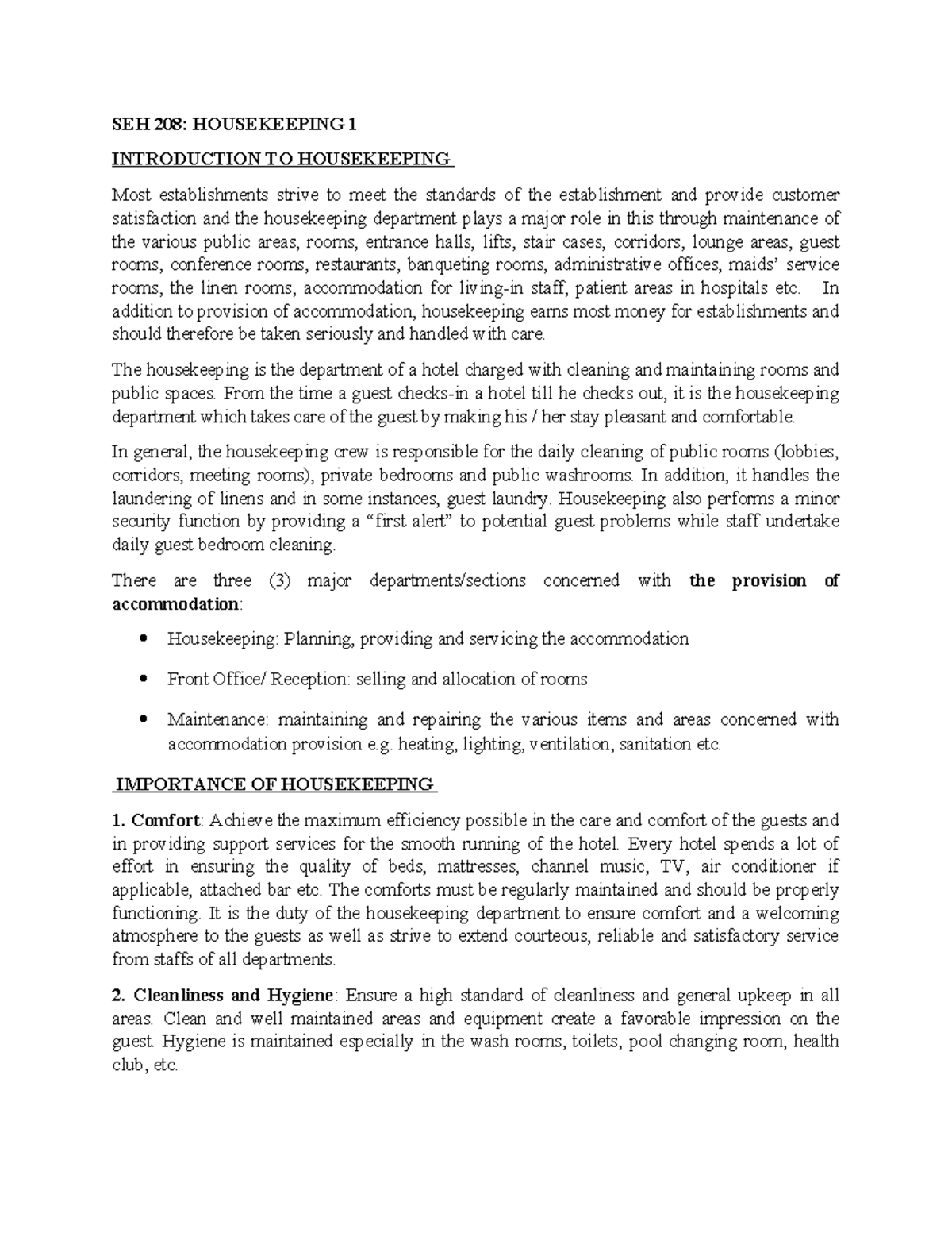 SEH 208: Introduction to Housekeeping and Its Importance - Studocu