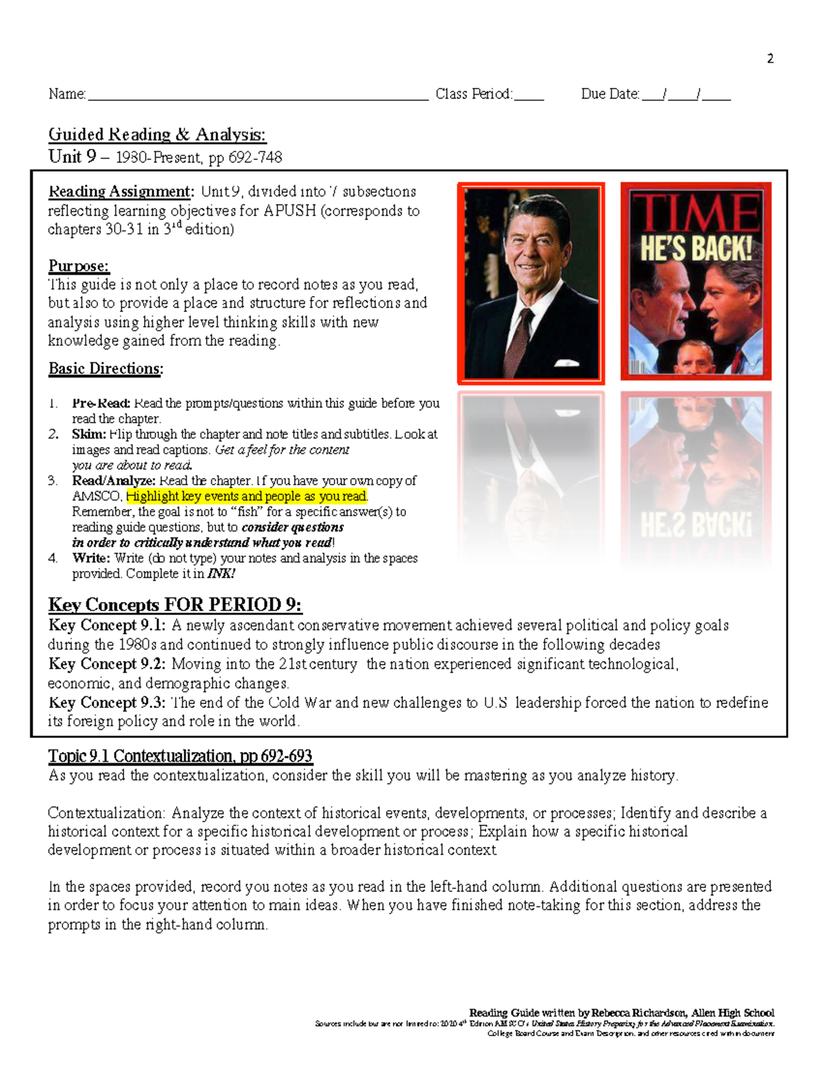 APUSH Unit 9 Guided Reading & Analysis: 1980 to Present (Amsco 2020 ...
