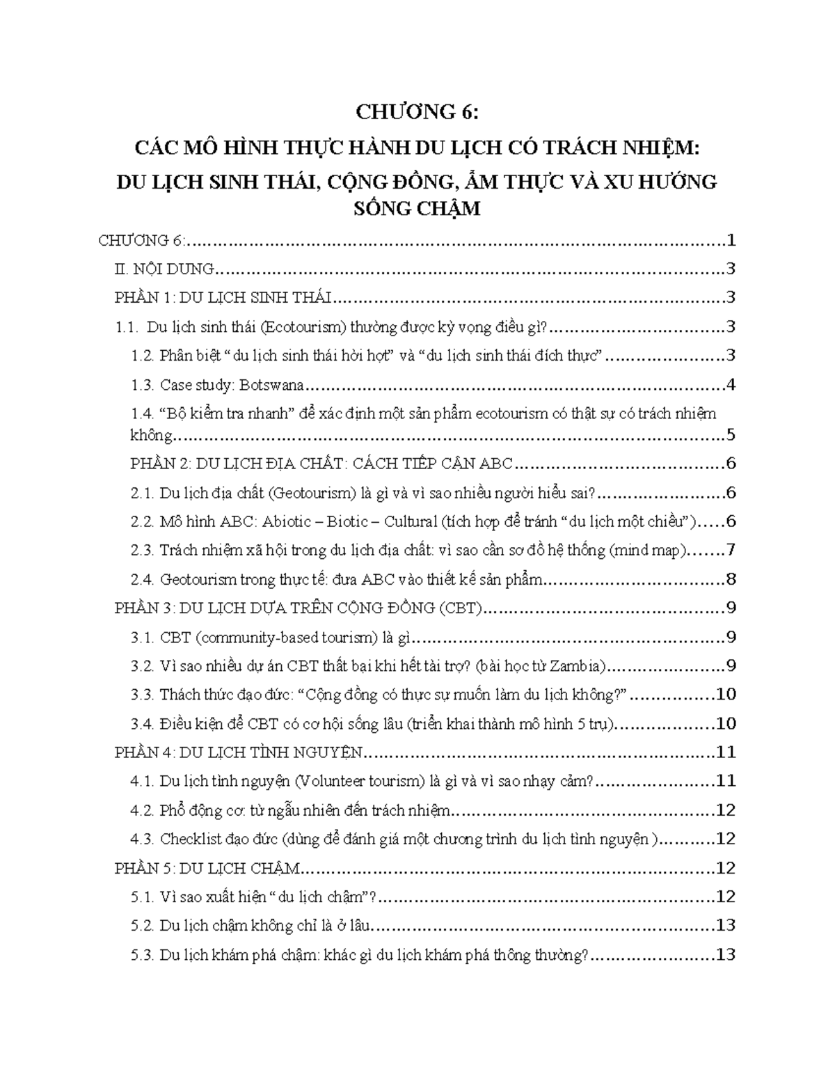 CHƯƠNG 6: CÁC MÔ HÌNH DU LỊCH CÓ TRÁCH NHIỆM VÀ THỰC HÀNH - Studocu