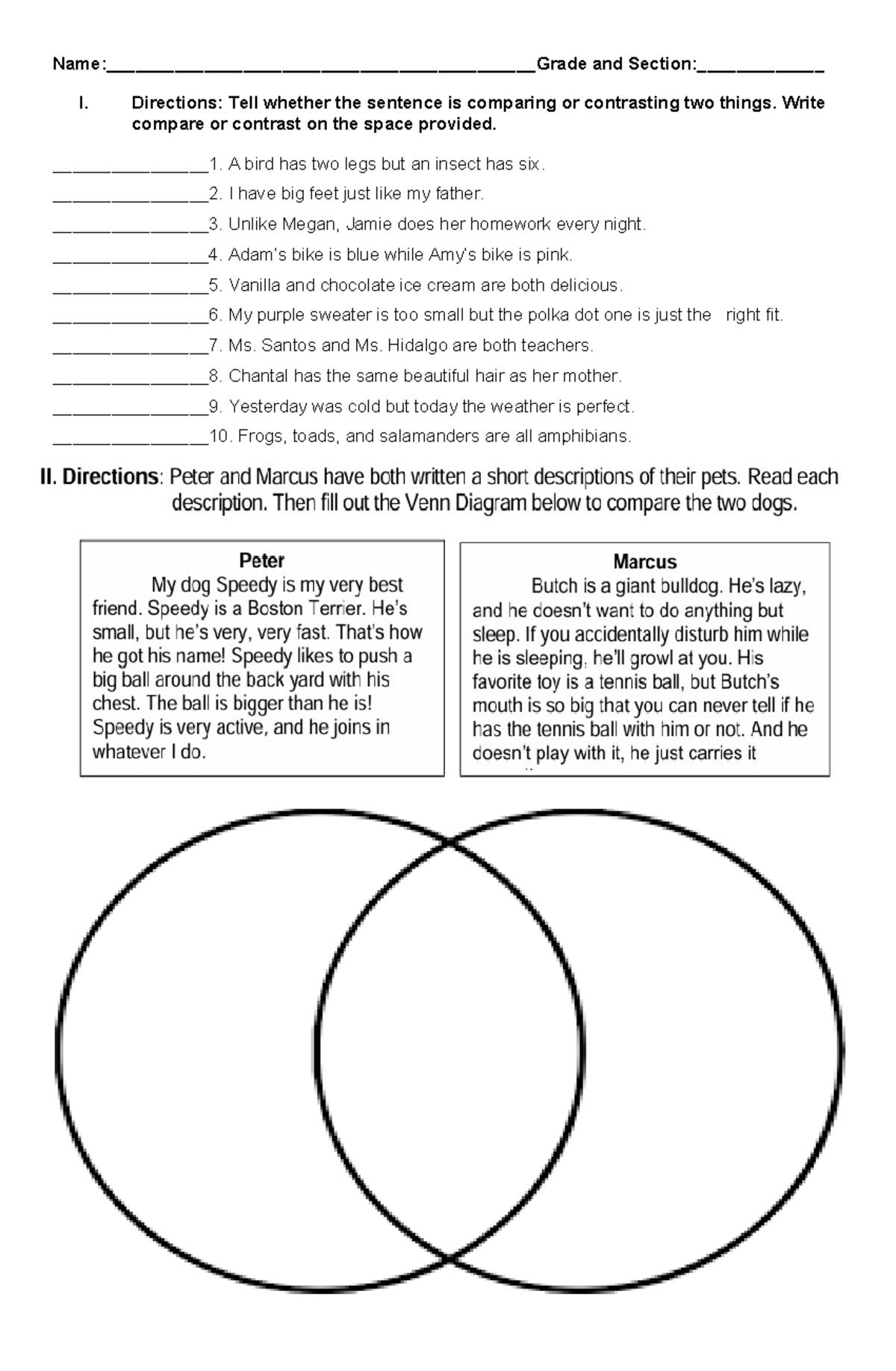 Compare and contrast - Name:_______________________________Grade and ...