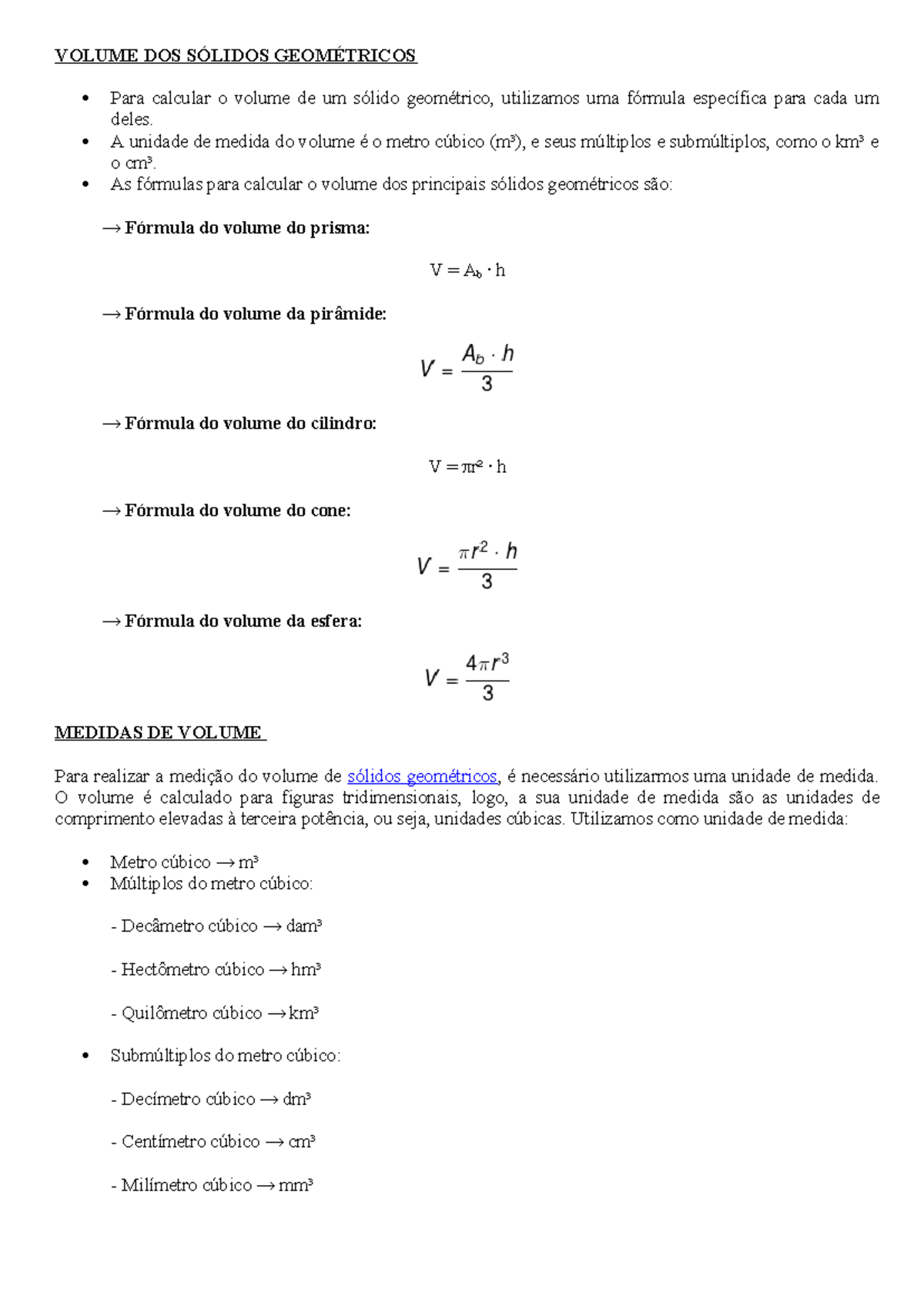 Cálculo do Volume de Sólidos Geométricos - Matemática 101 - Studocu