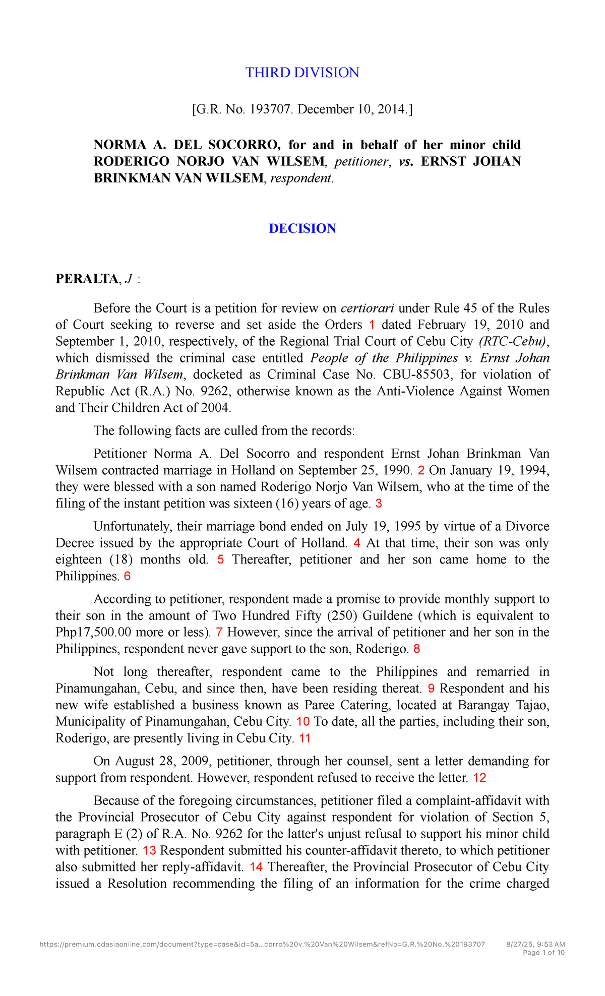 G.R. No. 193707: Del Socorro vs. Van Wilsem - Support Obligation Case ...