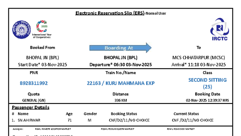 Electronic Reservation Slip for Train 22163 - BPL to MCSC - Studocu