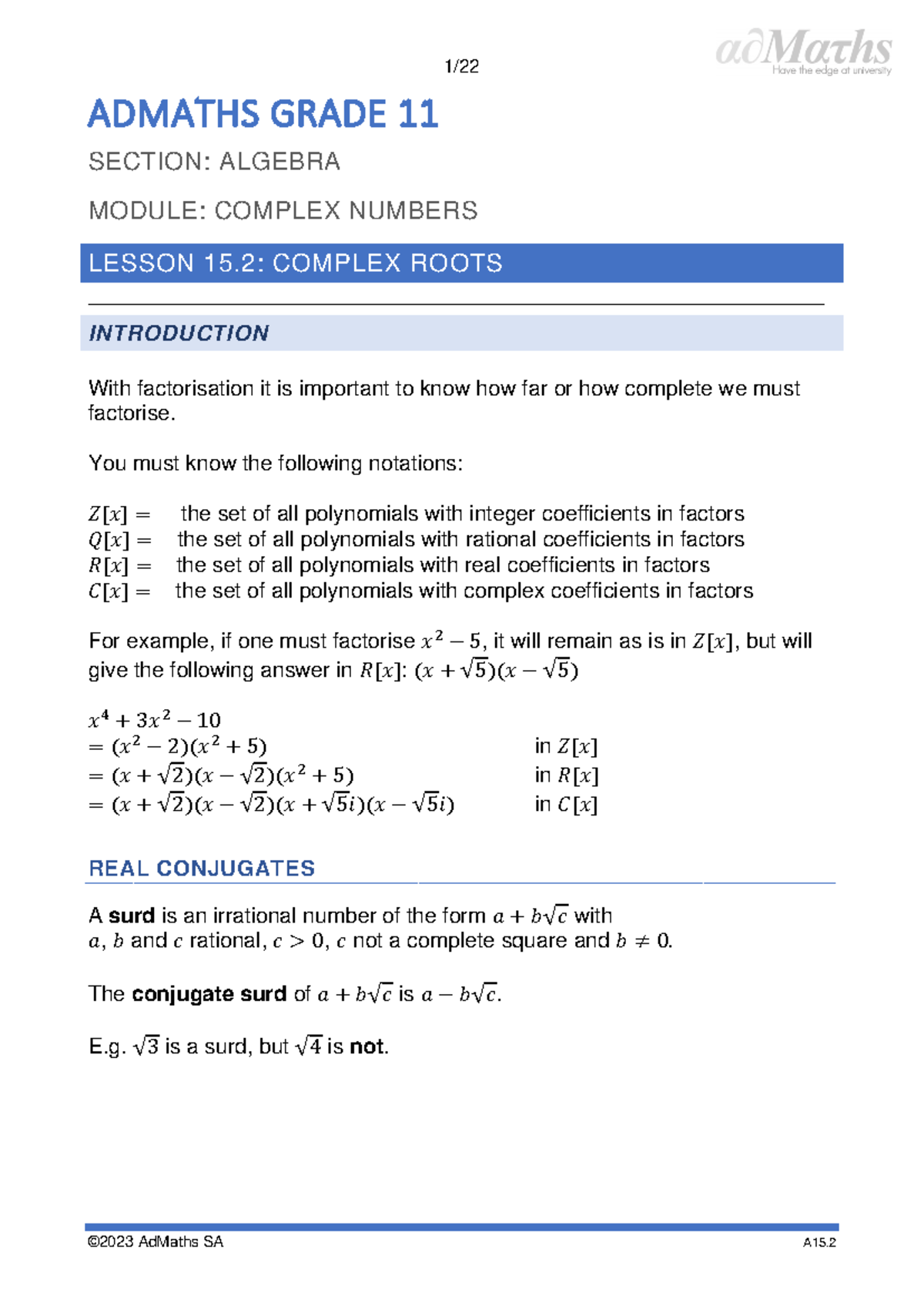 ADMATHS GRADE 11 A15.2: Complex Roots and Conjugates Lesson - Studocu