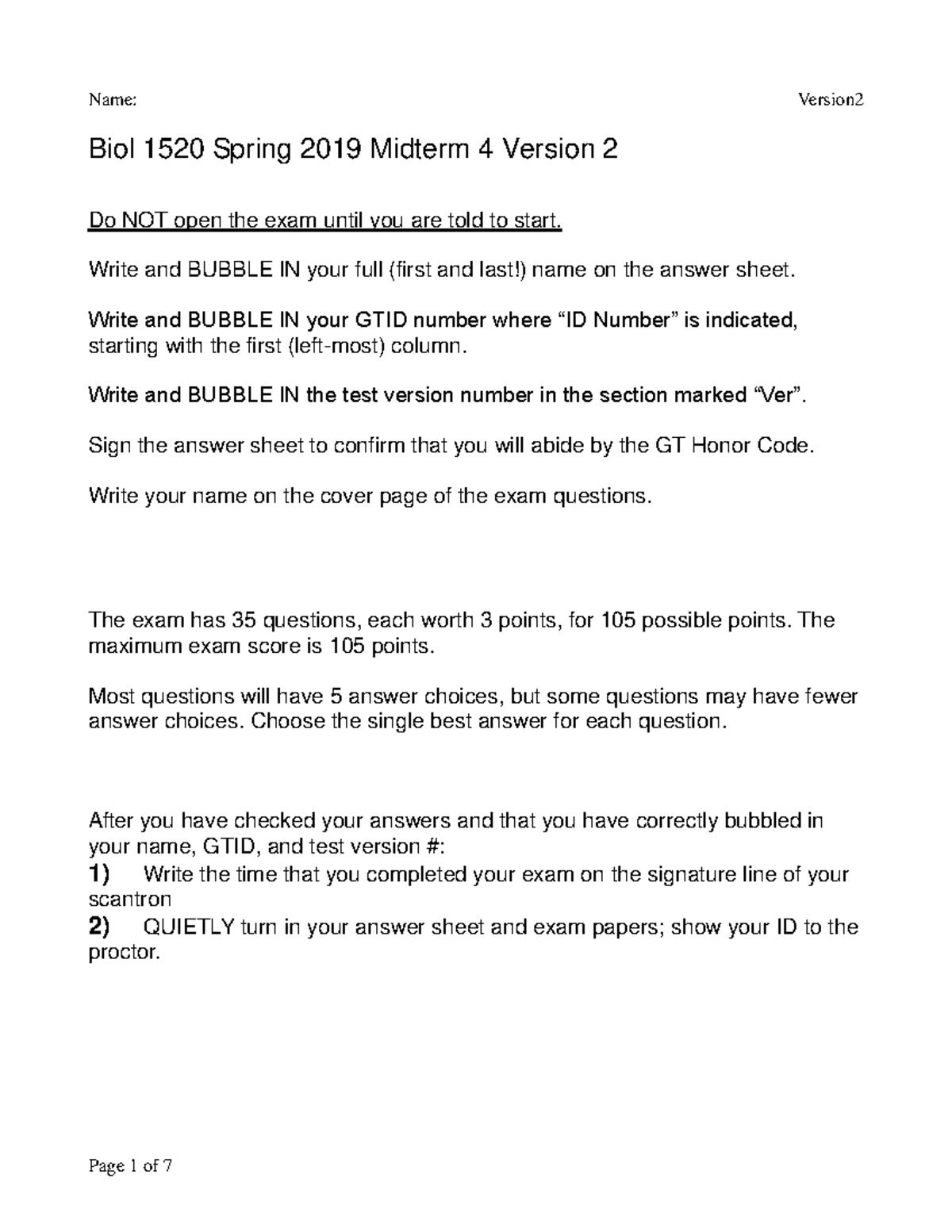 Module 4 Exam - Biol 1520 Spring 2019 Midterm 4 Version 2 Do NOT open ...