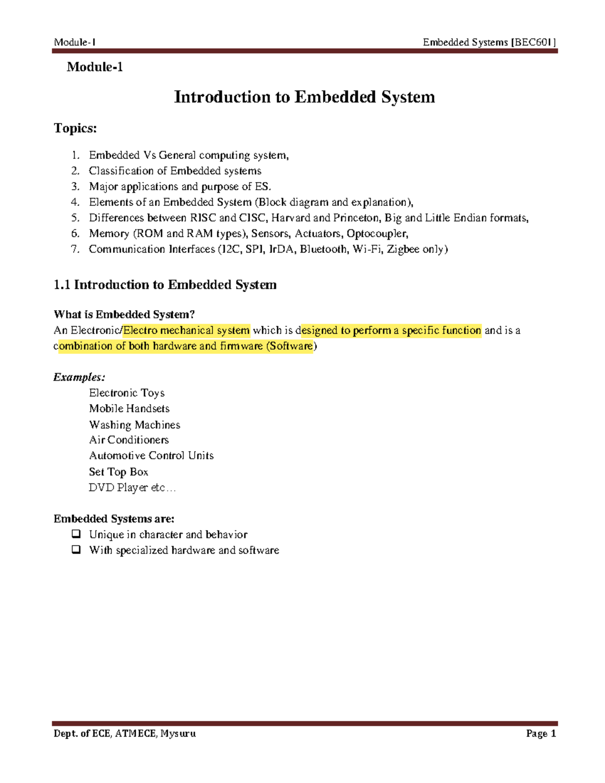 Embedded Systems: Intro to Concepts, Classifications & Applications (ECE 101) - Studocu