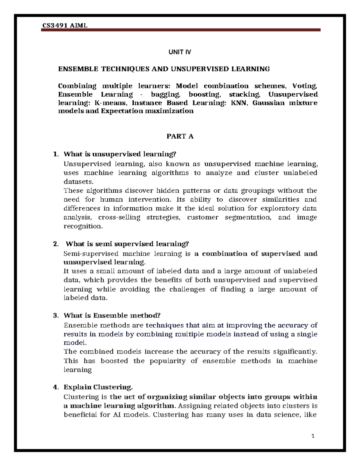 CS3491 AIML UNIT IV: Ensemble Techniques & Unsupervised Learning Notes ...