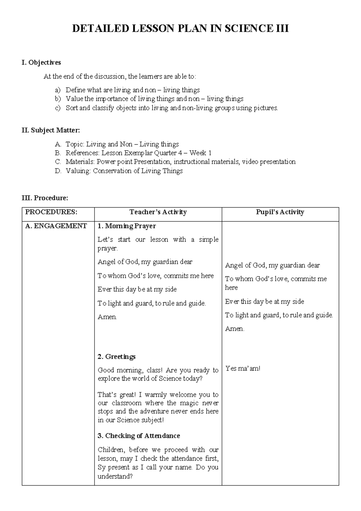 Detailed Lesson Plan on Living and Non-Living Things (Science I) - Studocu