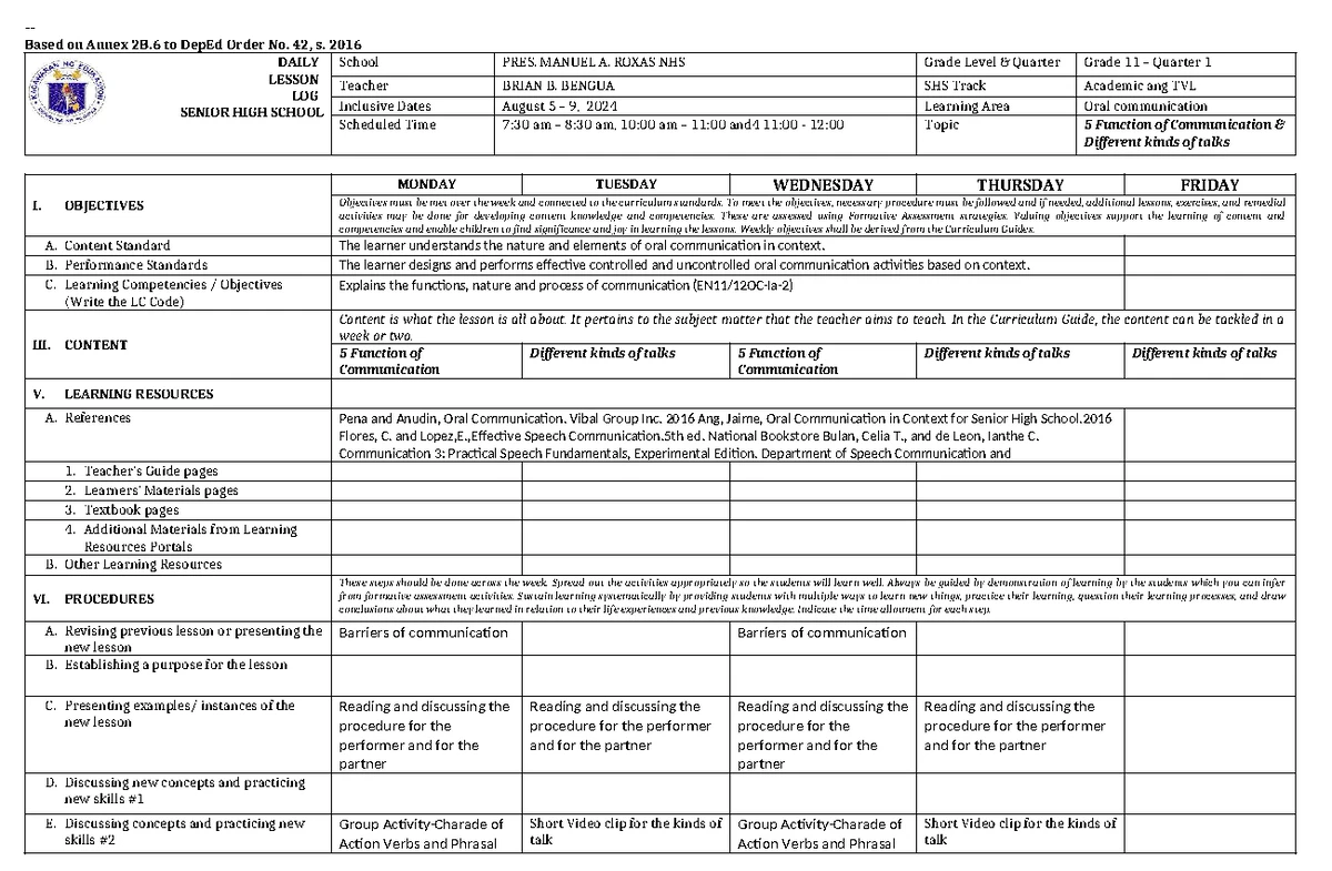 WEEK 3 Daily Lesson Log (DLL) - SHS Oral Communication (Grade 11) - Studocu