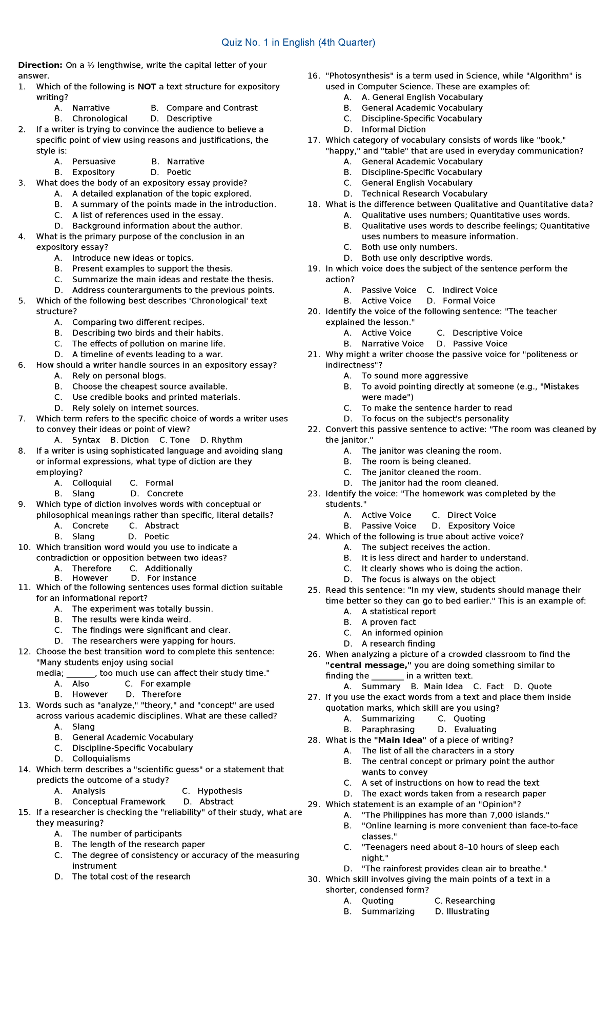 1st Long Quiz in English (4th Quarter) - Vocabulary & Expository Skills ...