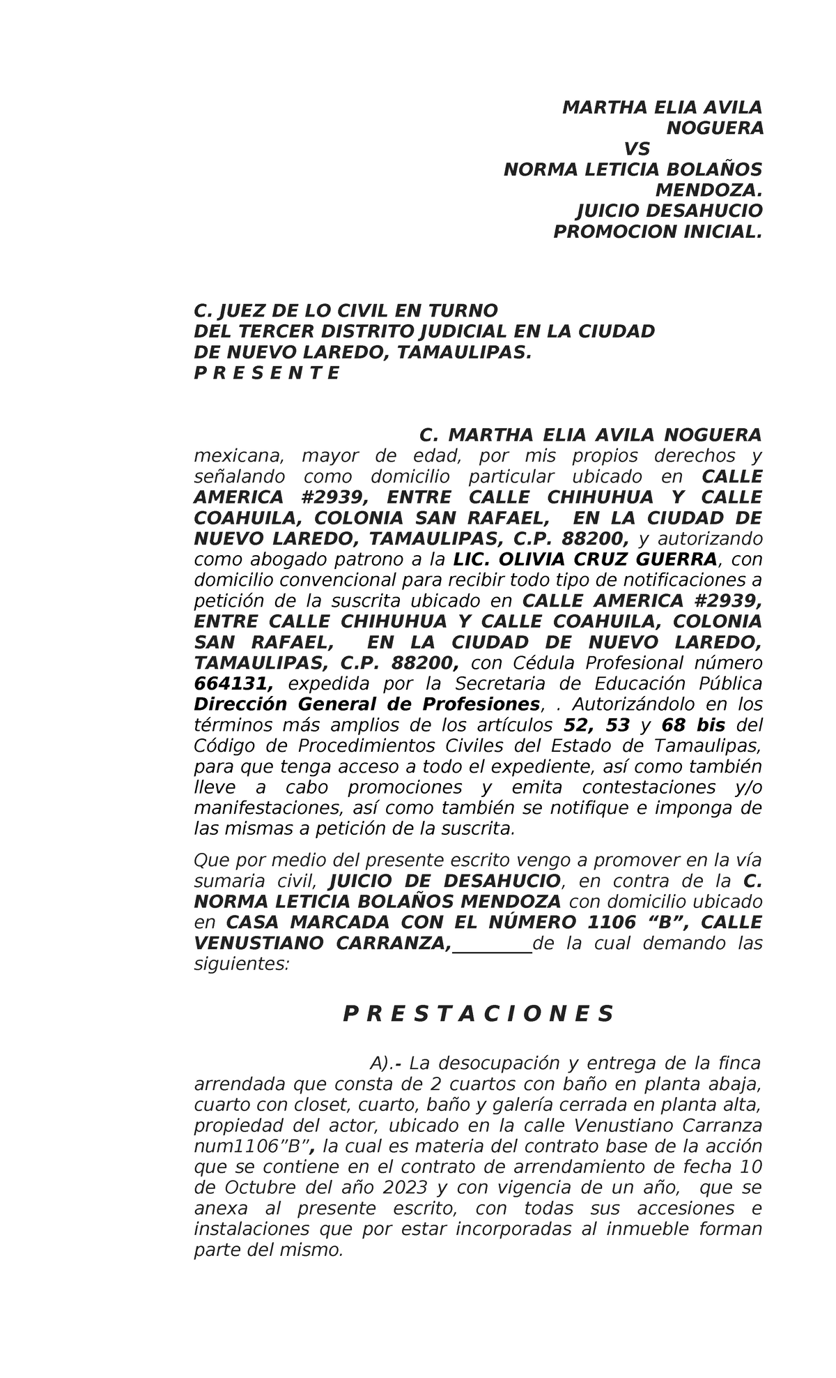 JUICIO DE DESAHUCIO: MARTHA ELIA AVILA NOGUERA VS NORMA LETICIA BOLAÑOS ...
