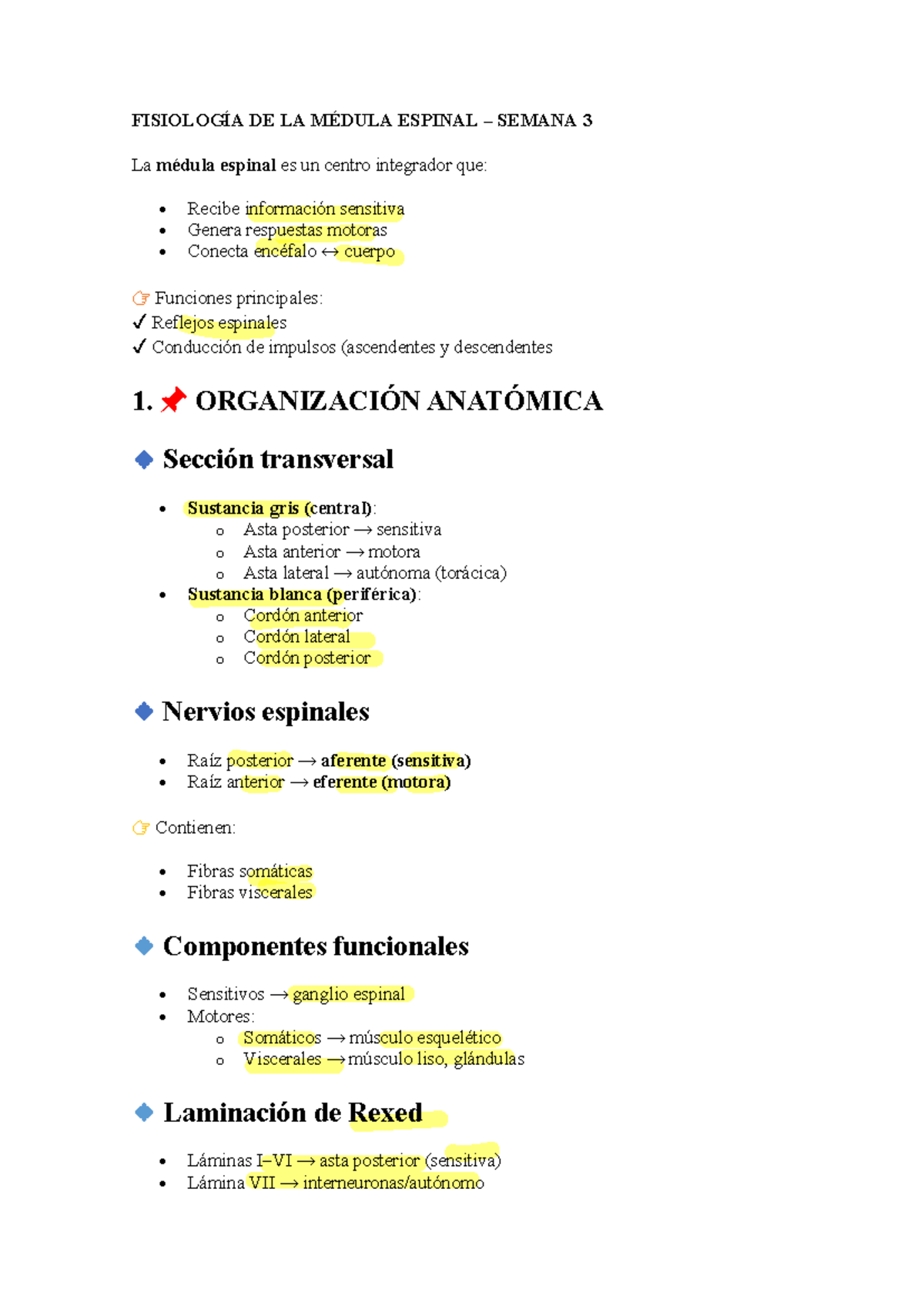 FISIOLOGÍA DE LA MÉDULA ESPINAL - SEMANA 3 - RESUMEN Y CONCEPTOS - Studocu