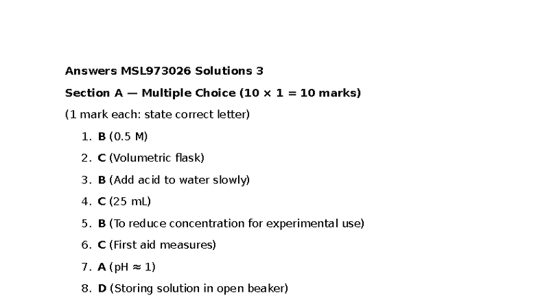 Solutions MSL973026 Answers for Section A & B (Multiple Choice & Short ...