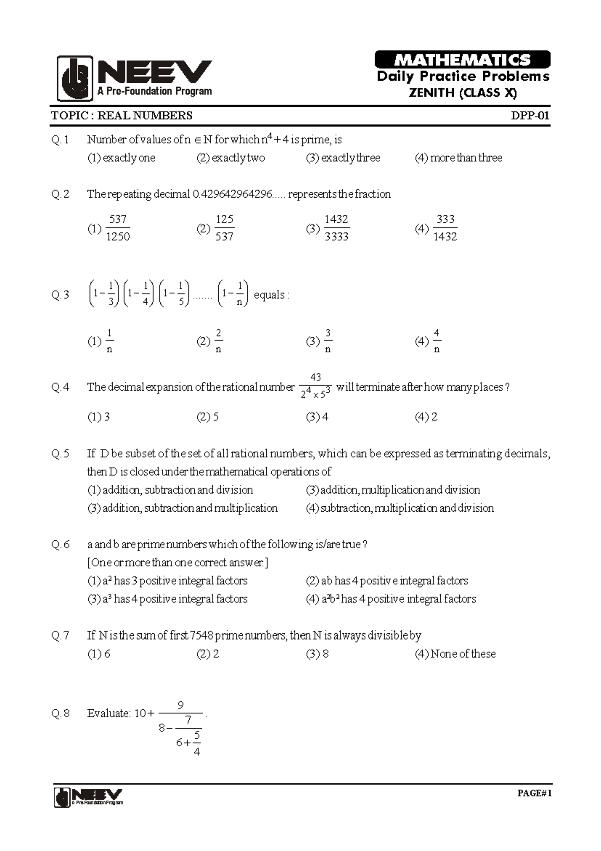 DPP(1) Maths Class X: Daily Practice Problems on Real Numbers - Studocu
