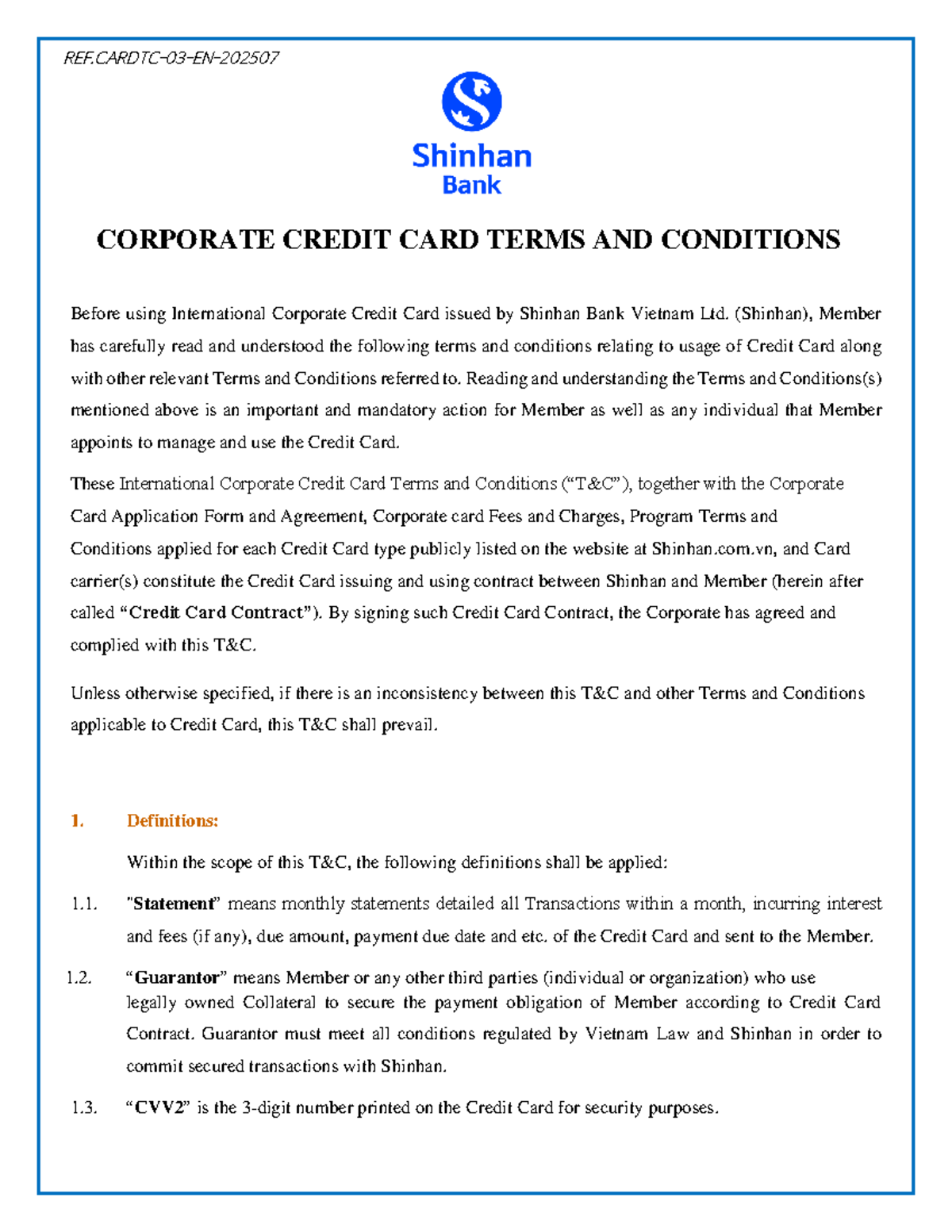 Corporate Credit Card Terms & Conditions - Shinhan Bank Vietnam - Studocu