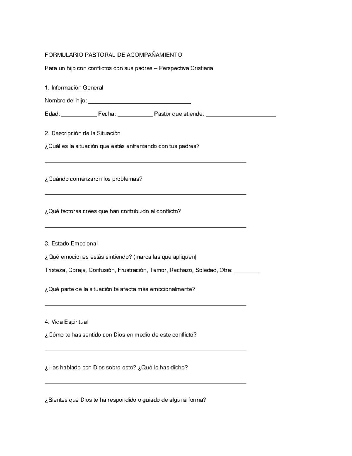 Formulario Pastoral de Acompañamiento: Conflictos Familiares - Studocu
