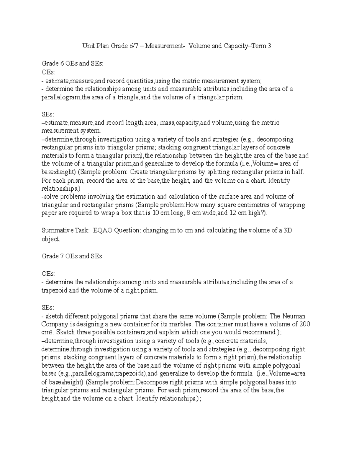 Grade 6/7 Measurement Unit: Volume & Capacity - Term 3 Overview - Studocu