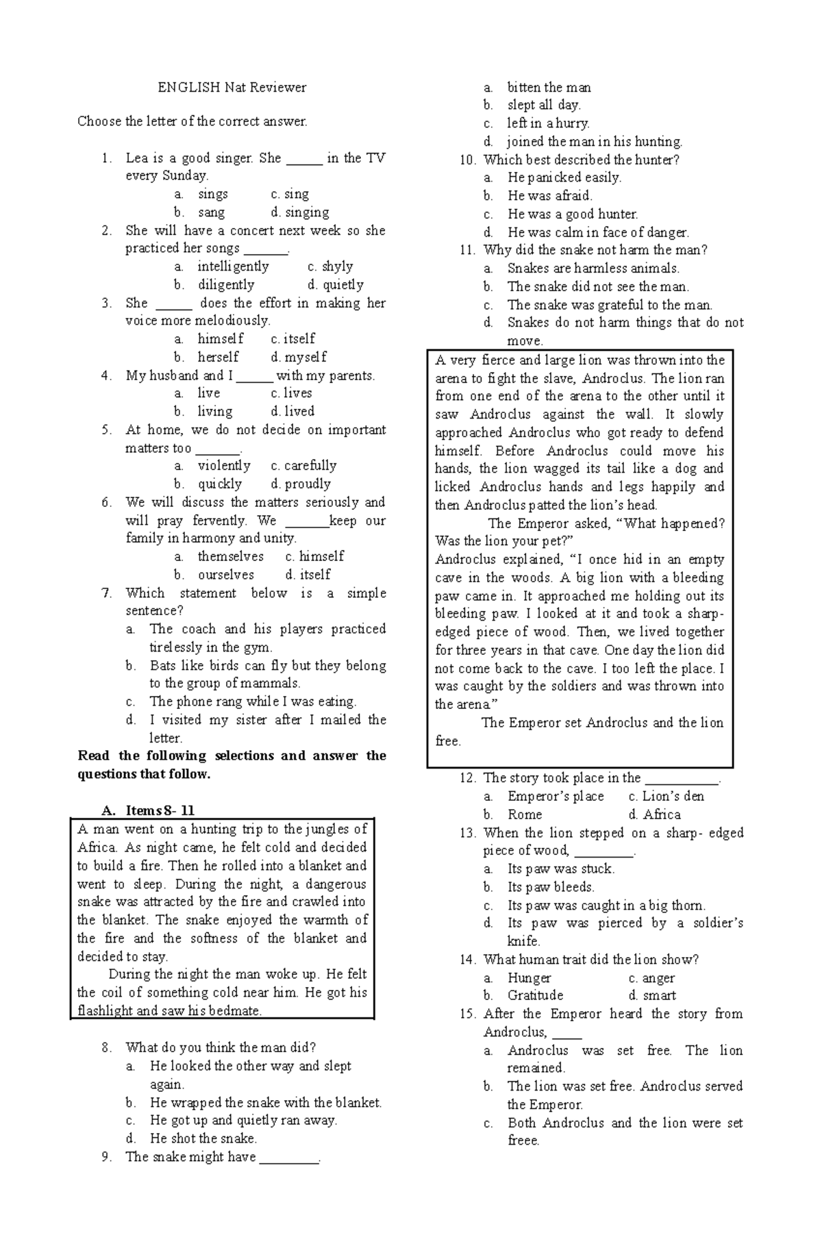 NAT 6 English Reviewer 1 - ENGLISH Nat Reviewer Choose the letter of ...