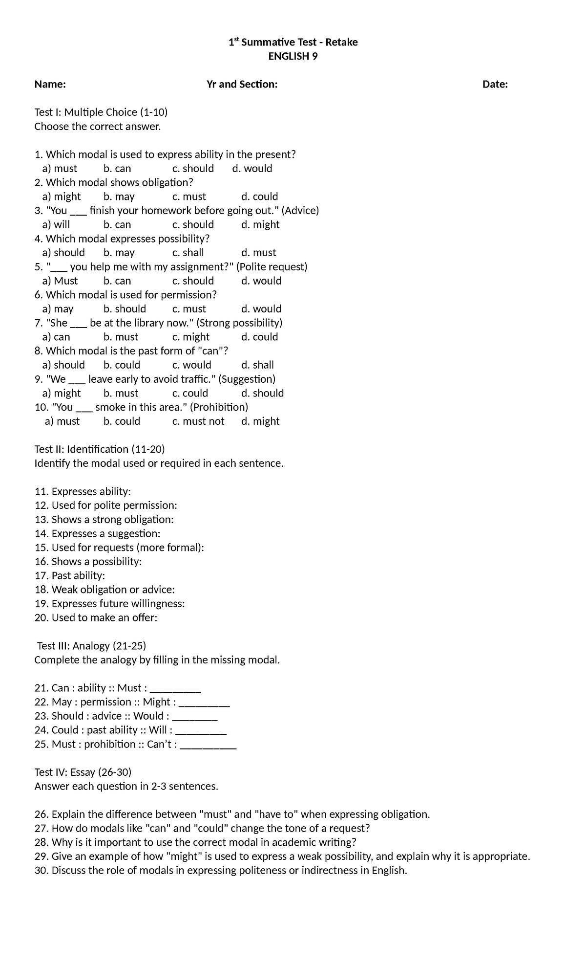 1st Summative Test Retake - ENGLISH 9 Answer Key - Studocu