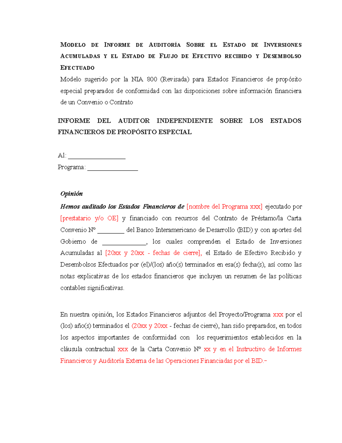 Modelo de Informe de Auditoría NIA 800: Estados Financieros Espec ...