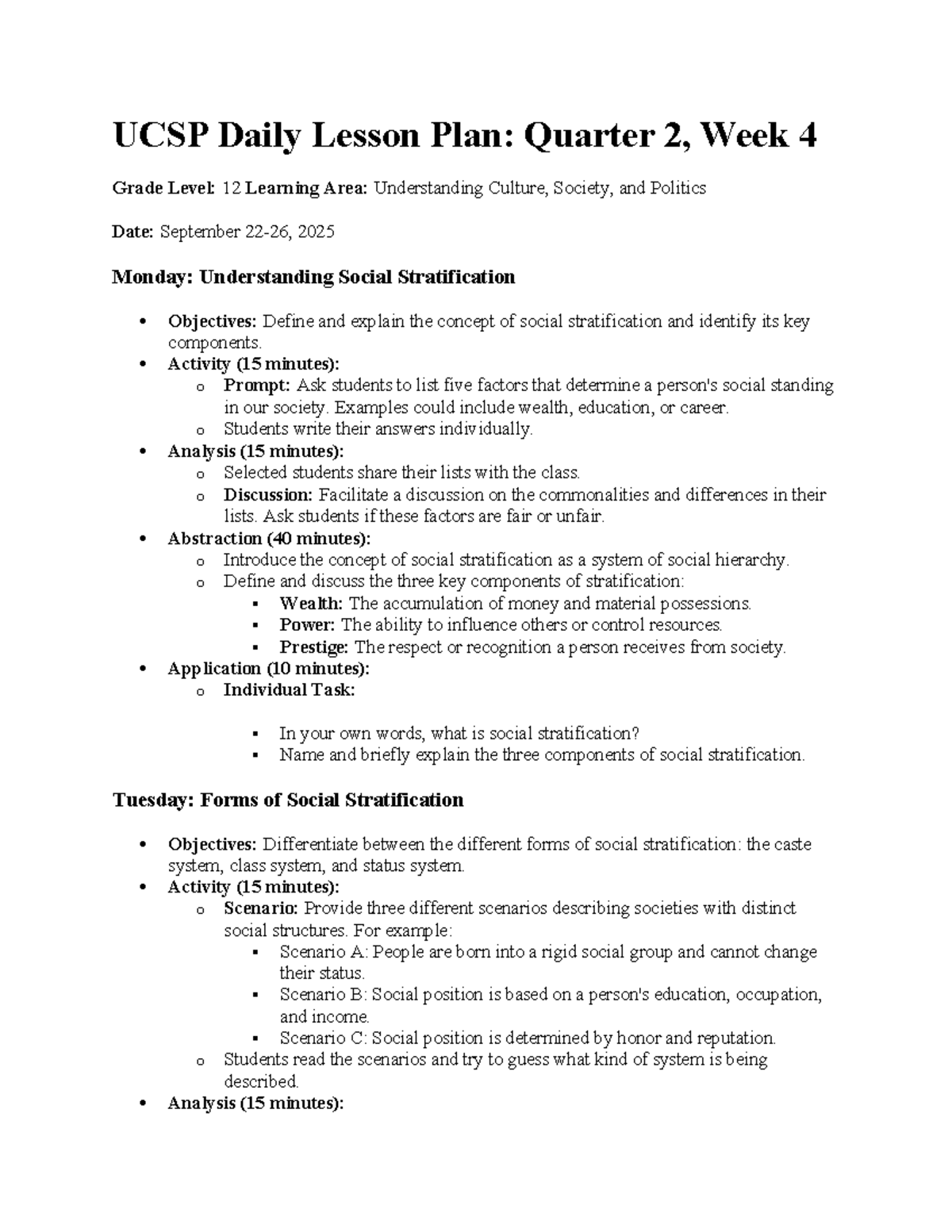 UCSP Daily Lesson Plan: Quarter 2 Overview for Grade 12 Students - Studocu