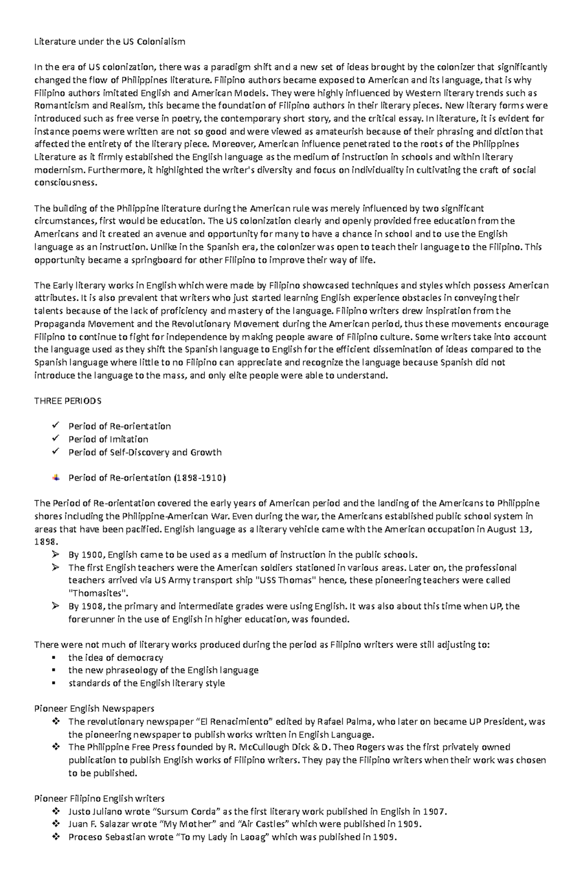 PHIL-LIT- Literature of the Philippines under US Colonialism - Studocu