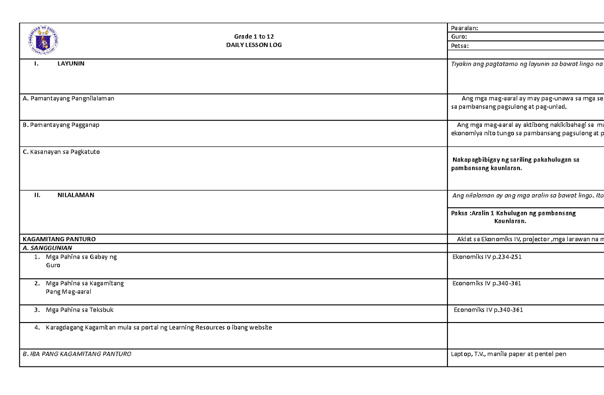 AP 9 Q4 DLL 1 - Araling Panlipunan 9, Quarter 4, Lesson 1, Daily Lesson ...