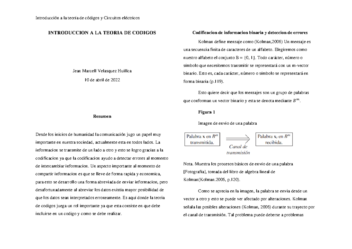Introduccion A LA Teoria DE Codigos - Álgebra Lineal - UAC - Studocu