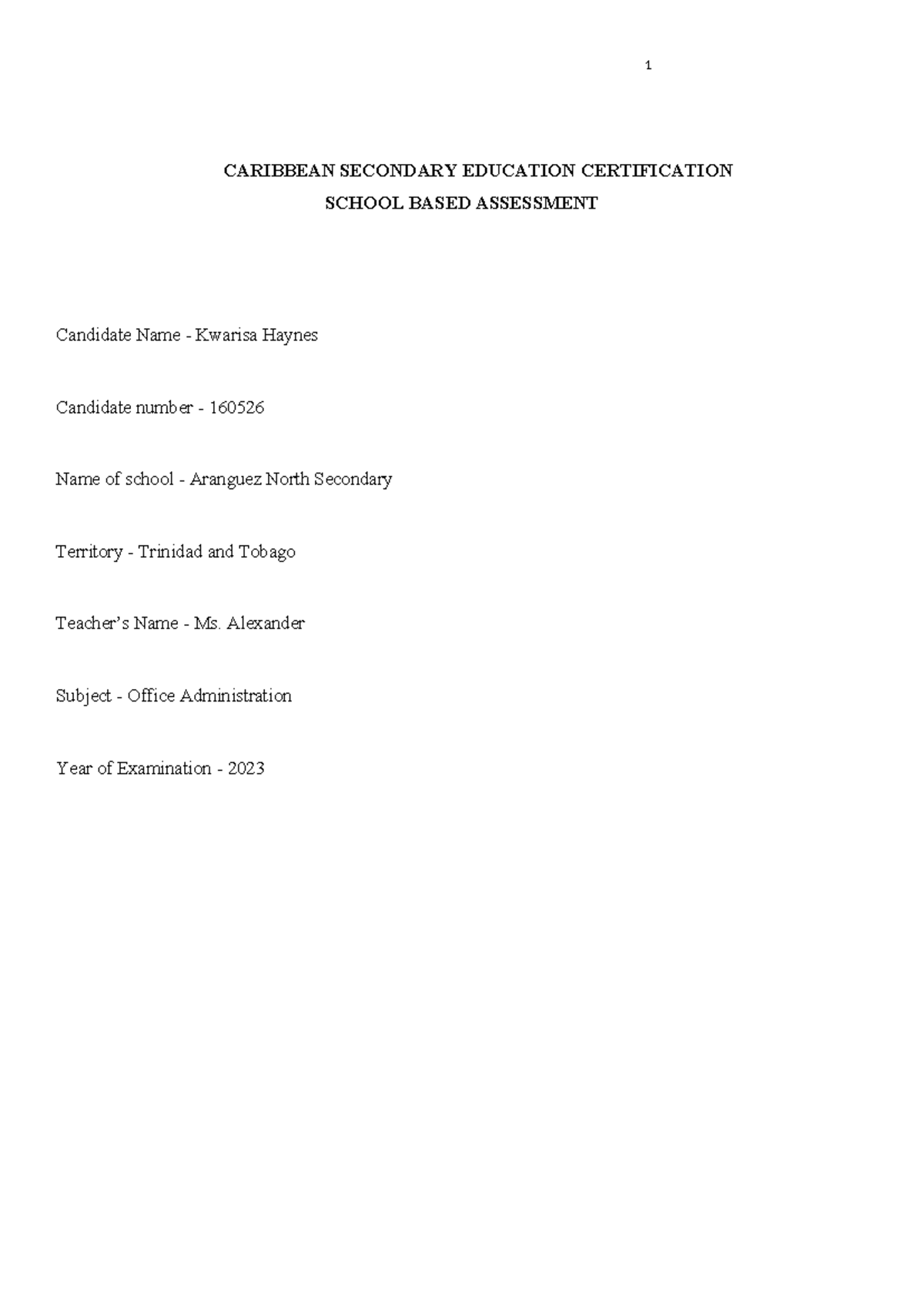 Office Administration SBA Project Insights - CSEC 2023 - Studocu