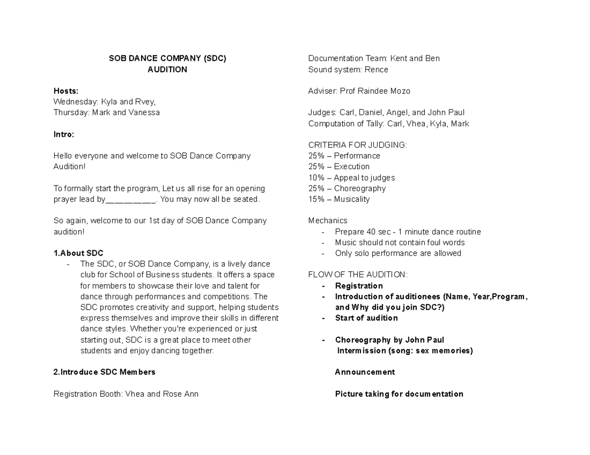 SDC Audition Program Flow: Guidelines & Details for Participants - Studocu