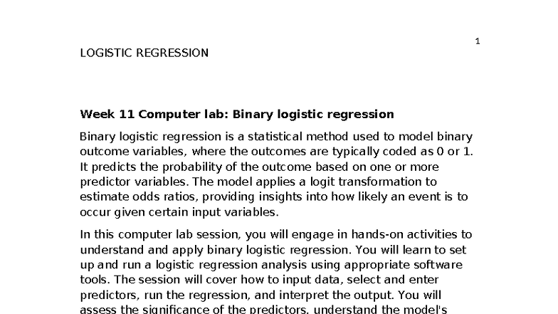 2025-S2 Week 11 Lab: Binary Logistic Regression Analysis - Studocu