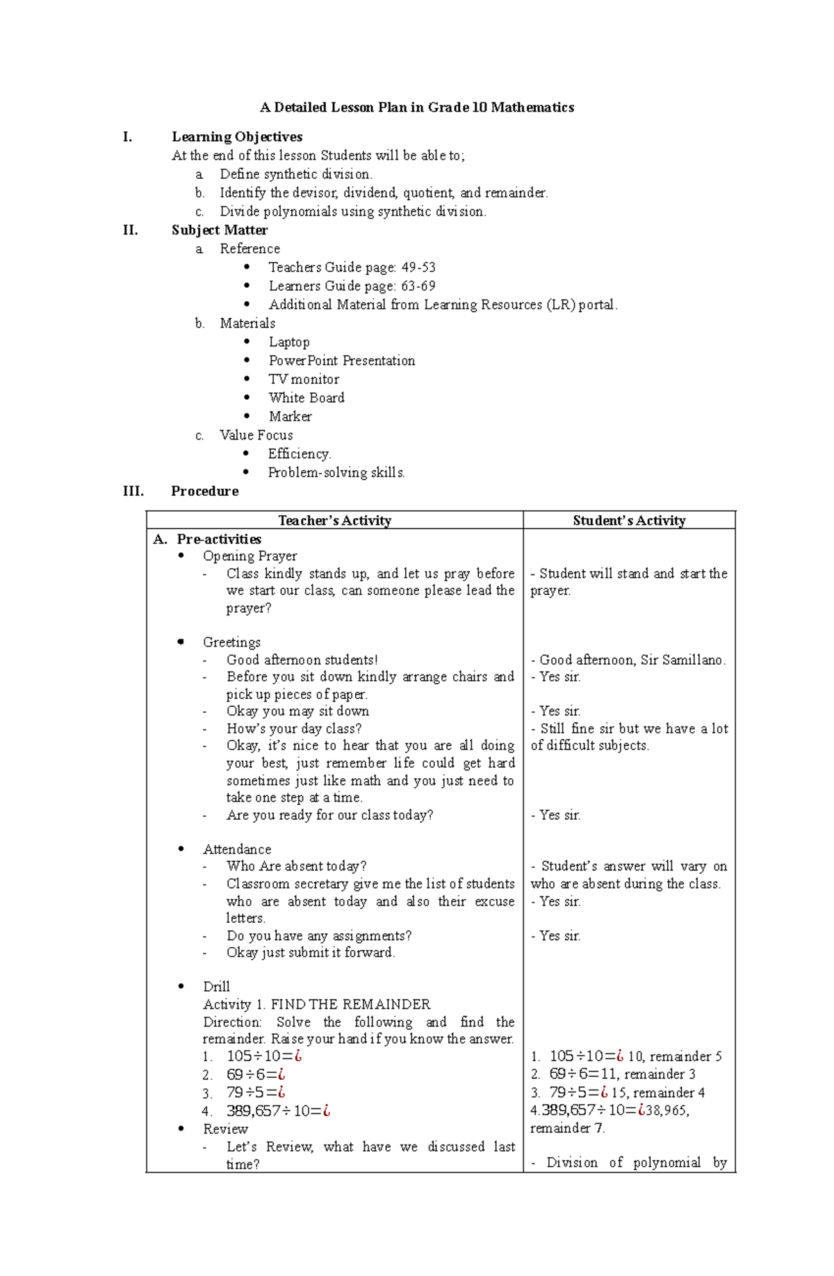 Grade 10 Math: Lesson Plan on Synthetic Division Techniques - Studocu