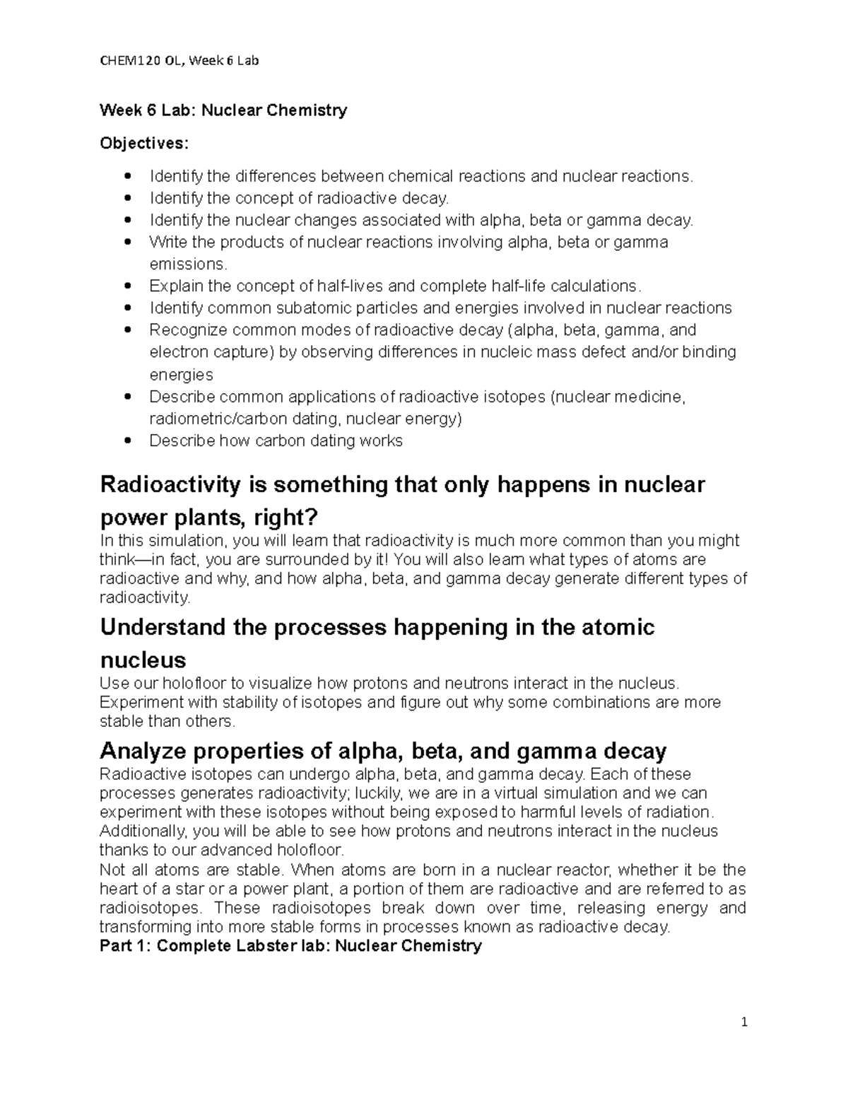 Nuclear Chemistry Lab Report (Wk 6): Radioactive Decay & Isotopes - Studocu