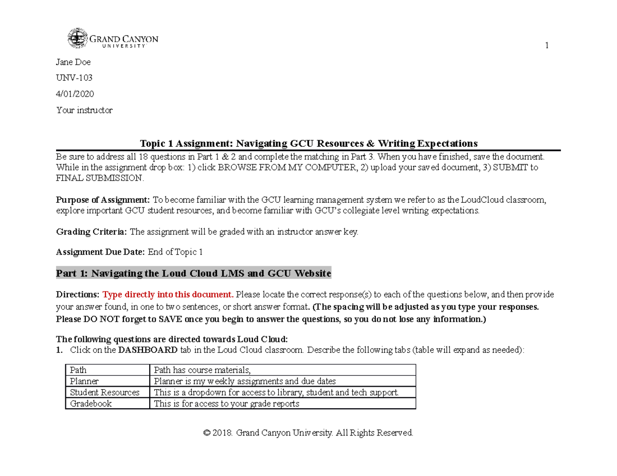 UNV103 Topic 1 Assignment: GCU Resources & Writing Expectations Guide ...