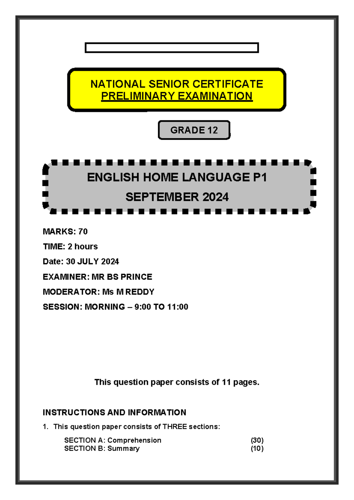 Grade 12 English Home Language P1 Preliminary Exam September 2024 - Studocu