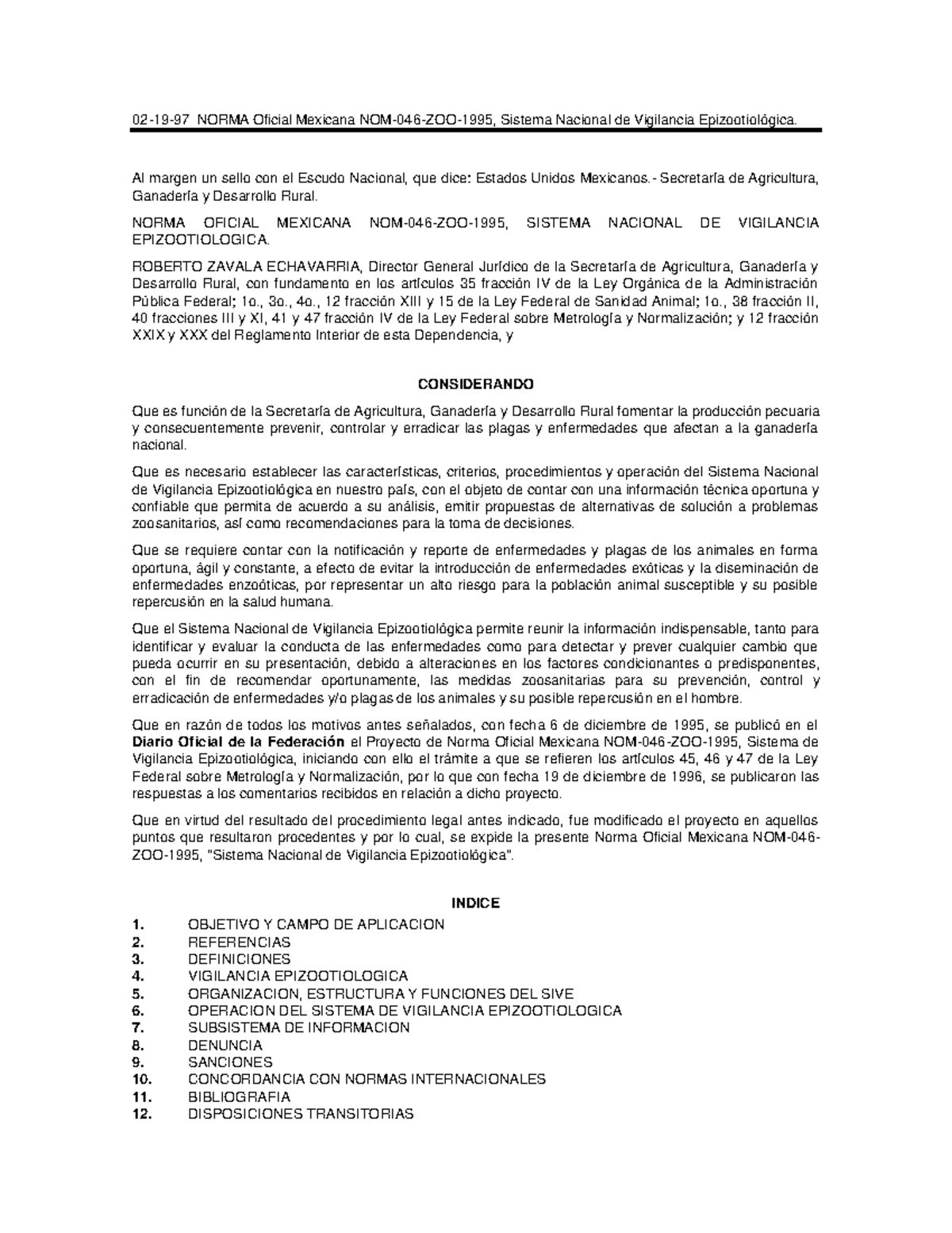 Norma Oficial Mexicana NOM-046-ZOO-1995 sobre Vigilancia Epizootiológica - Studocu
