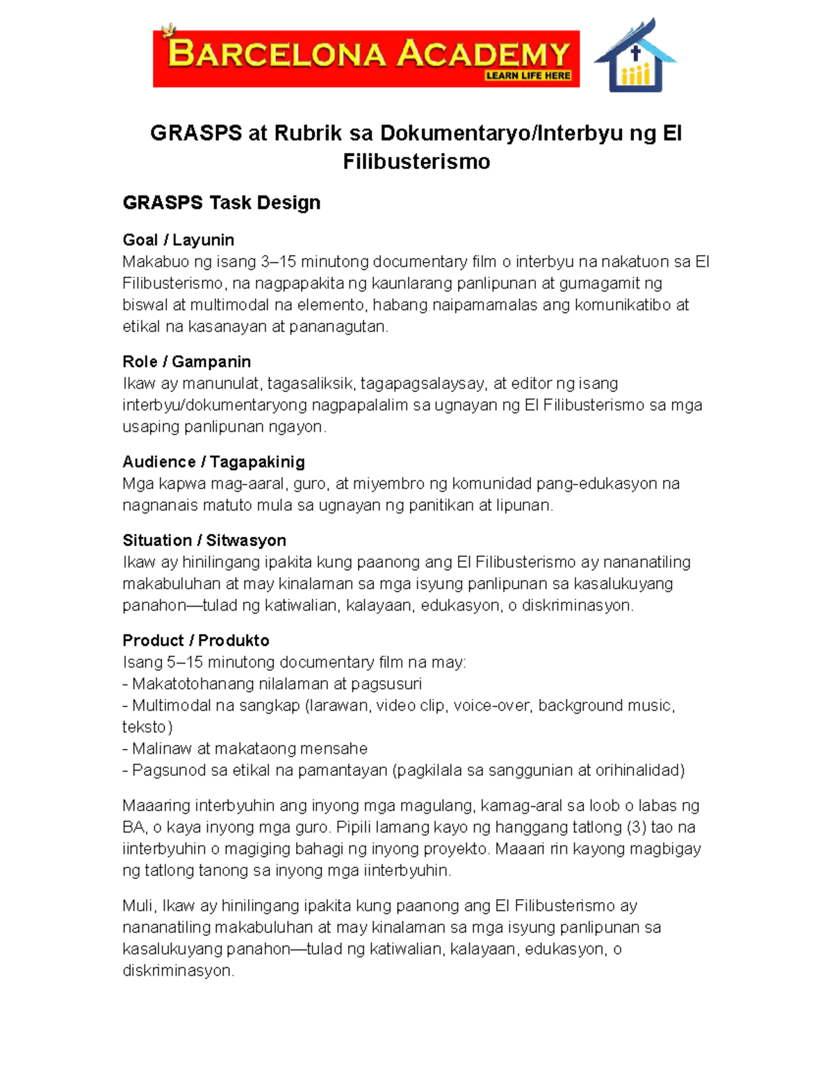 GRASPS Task: Documentary Film on El Filibusterismo - CFAO - Studocu