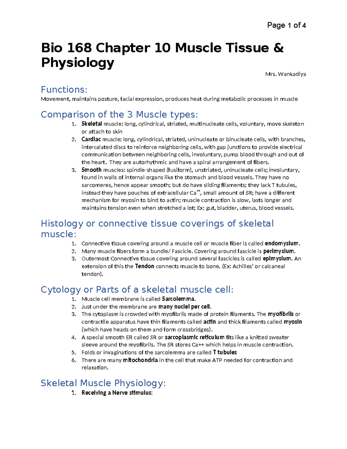 Bio 168 Chapter 10: Muscle Tissue Physiology Overview - Studocu