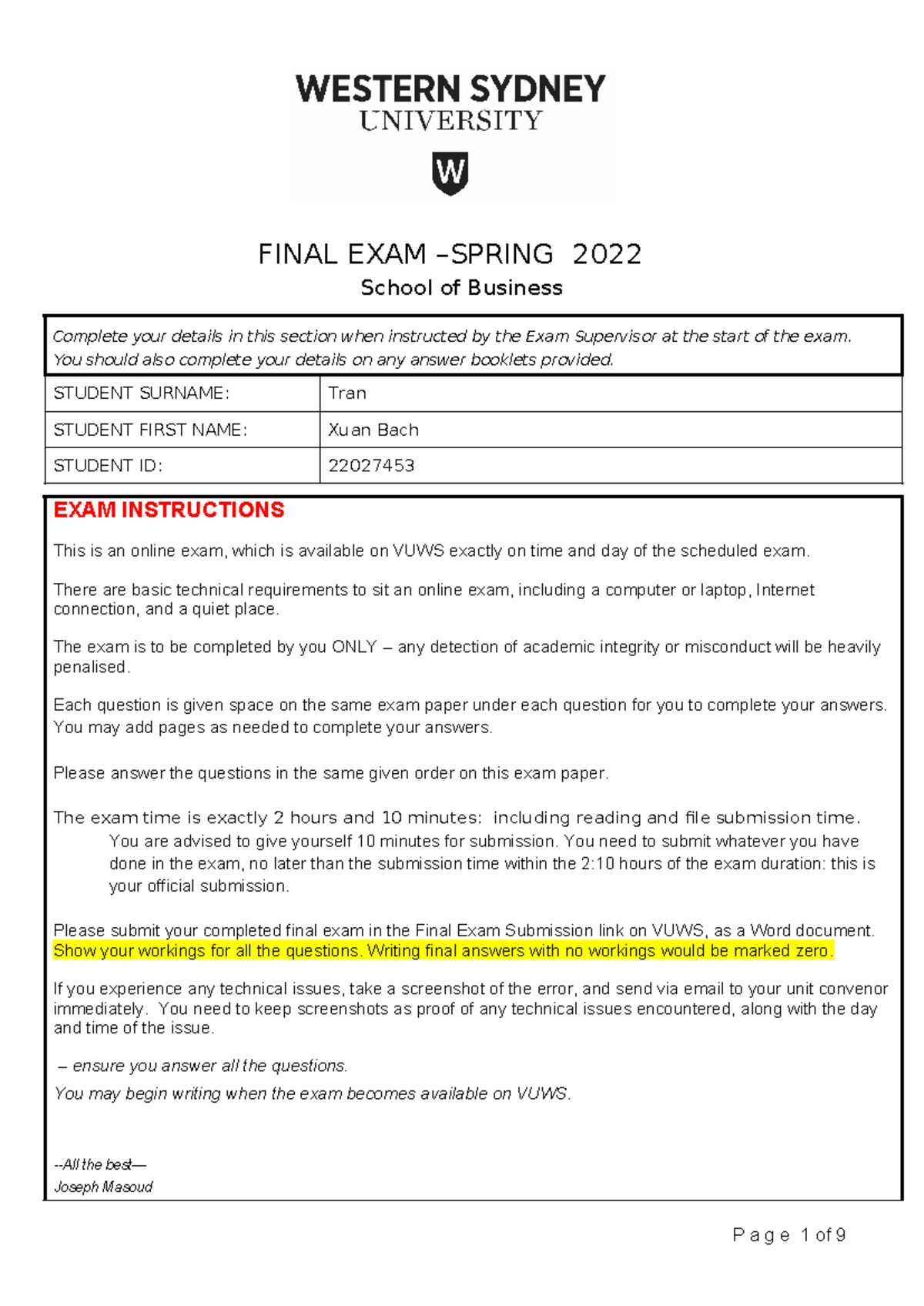 sample final exam - FINAL EXAM –SPRING 2022 School of Business Complete ...