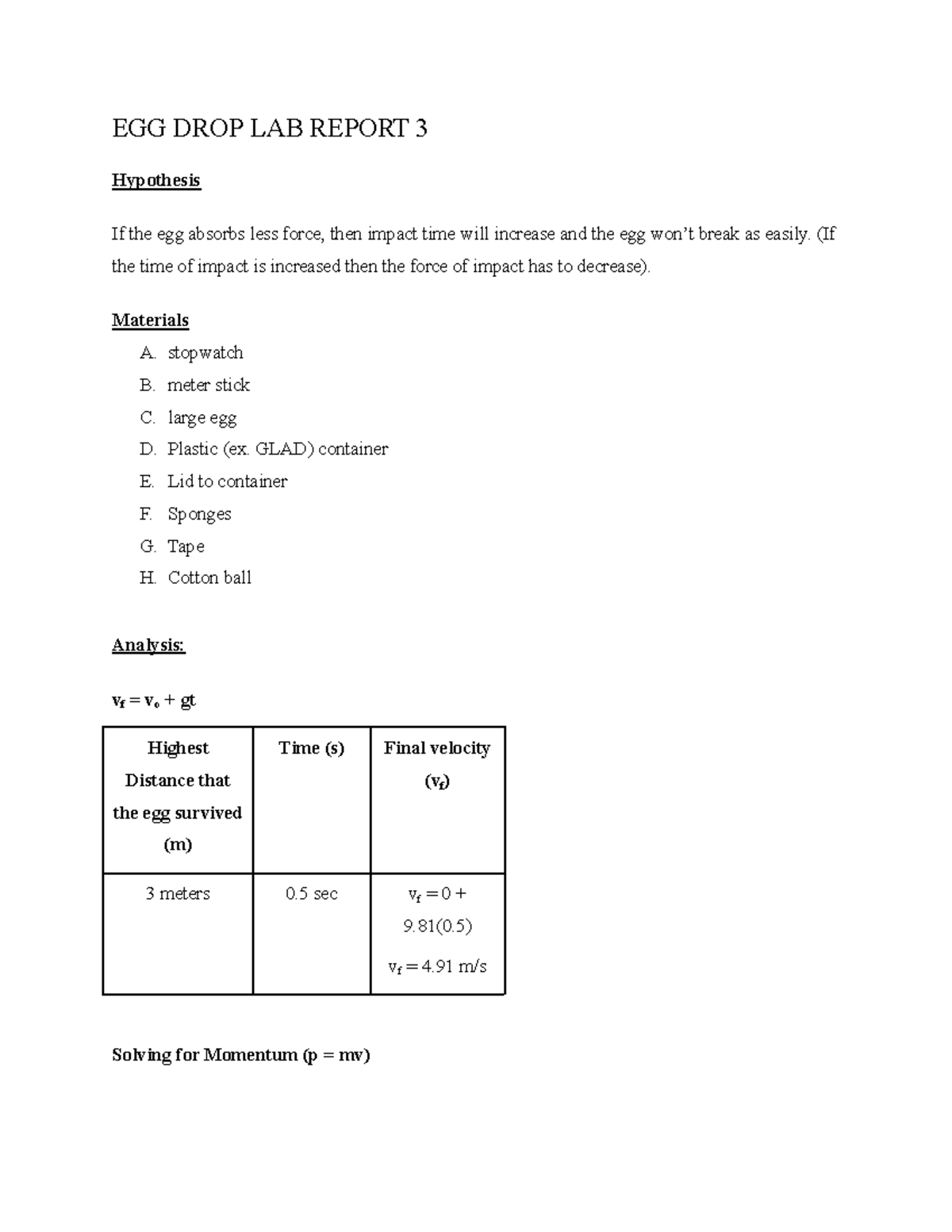 Egg Drop Lab Report - EDGENUITY Physics Experiment Analysis - Studocu