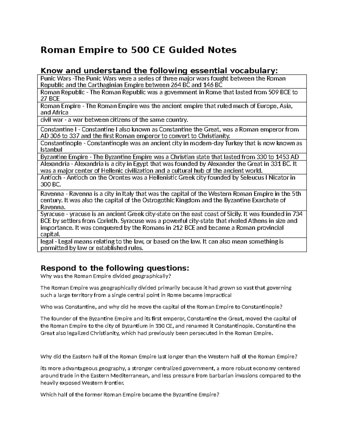 Roman Empire to 500 CE: Guided Notes and Key Concepts - Studocu