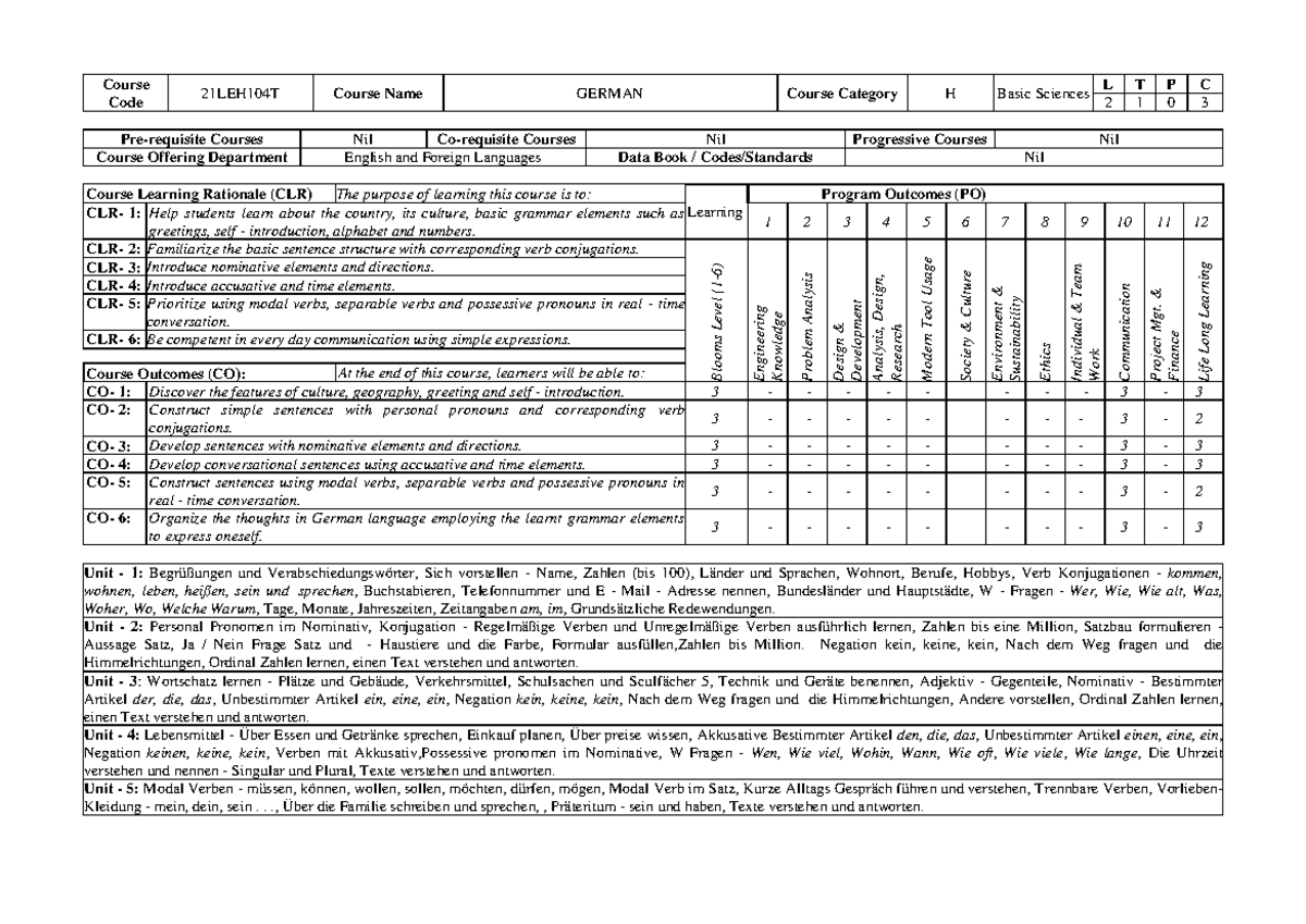 21LEH104T - Syllabus for German Language Course A1.1 - Studocu