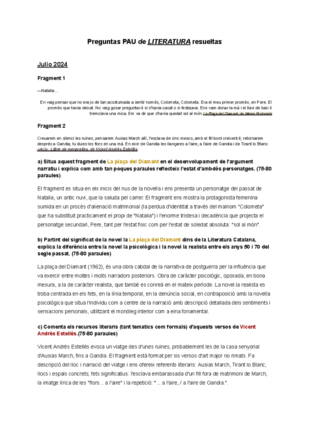 Preguntes de Literatura PAU: Respostes 2020-2024 - Studocu