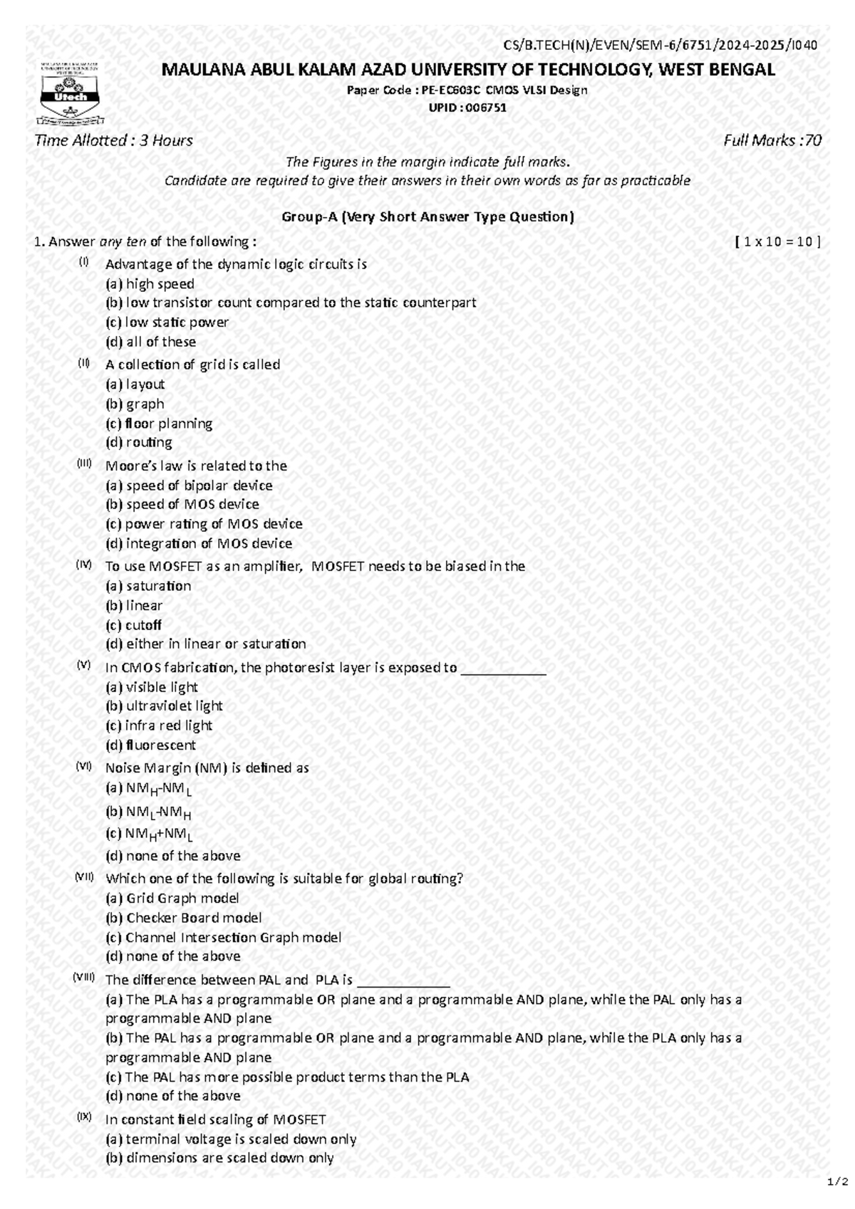 PE-EC603C Final Exam: CMOS VLSI Design Question Paper - Studocu